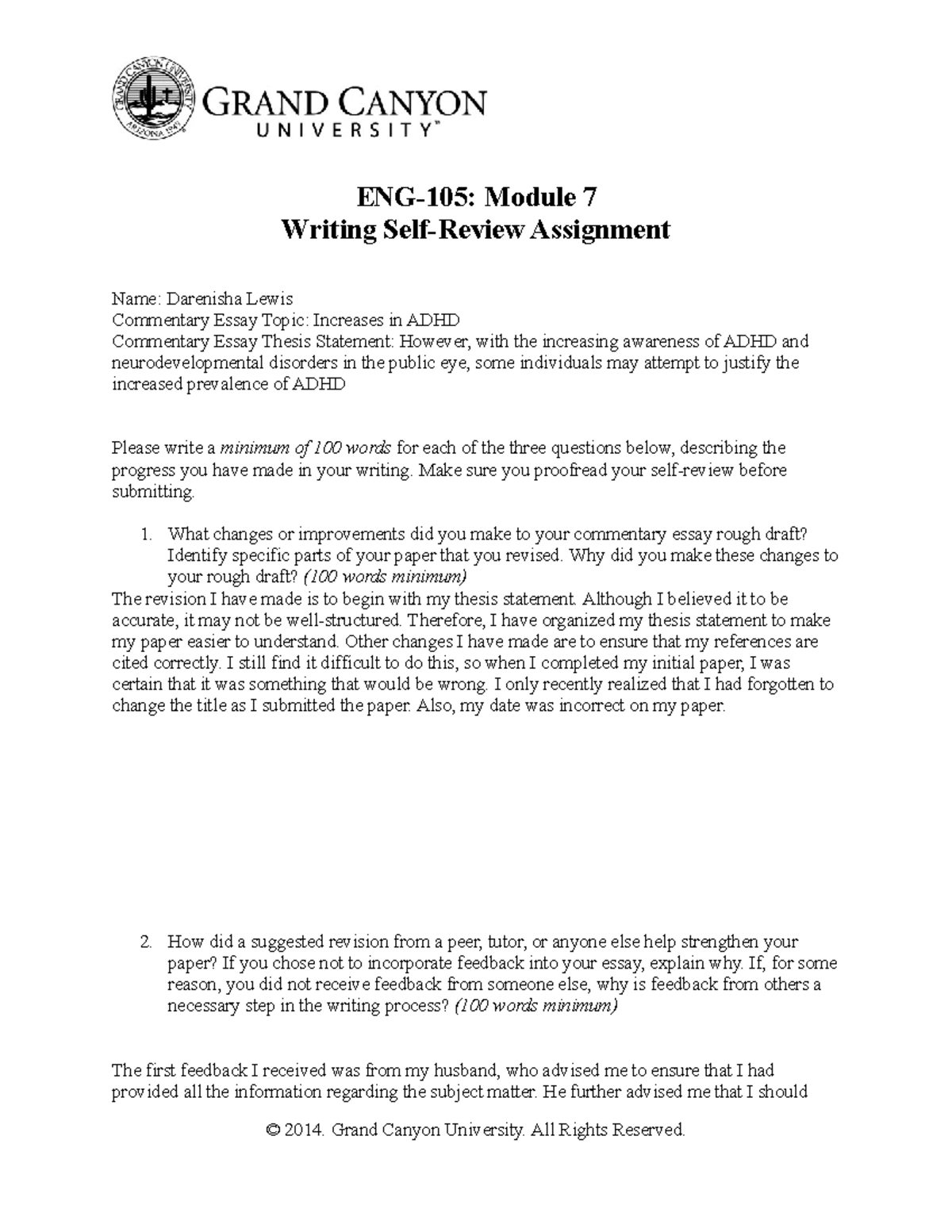 ENG 105 RS Self Review Assignment - ENG-105: Module 7 Writing Self ...