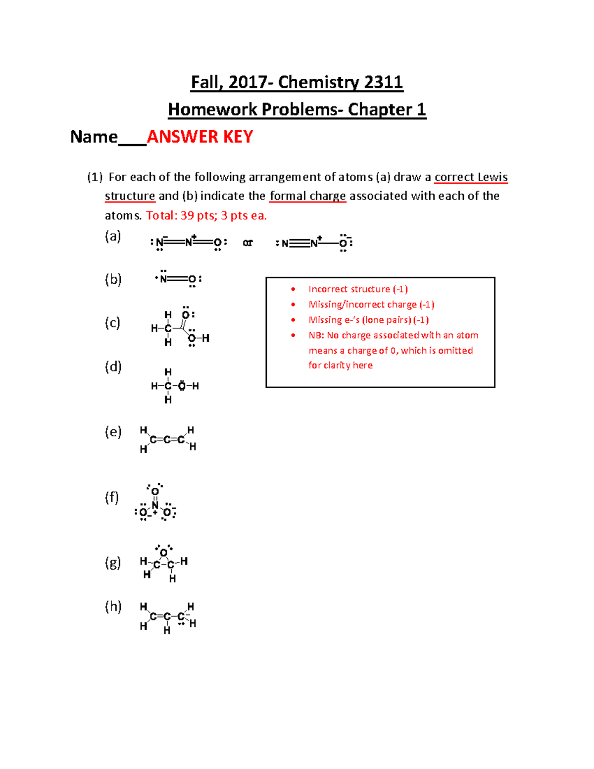 Chapter 1 Homework - Fall, Chemistry 2311 Homework Chapter 1 KEY (1 ...