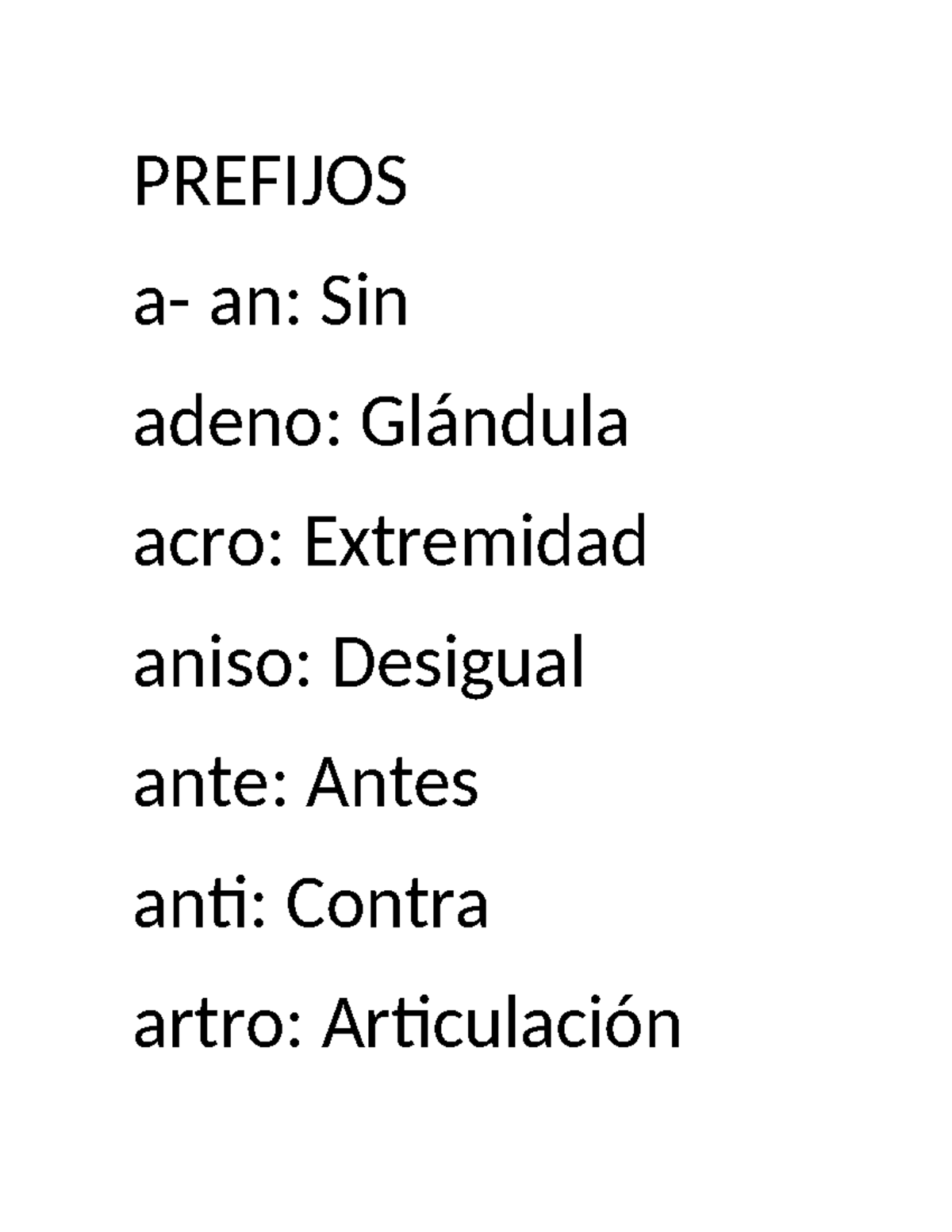Prefijos 2 Terminologia - PREFIJOS a- an: Sin adeno: Glándula acro ...