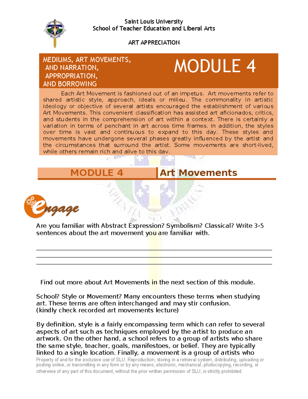 Module 4 - School of Teacher Education and Liberal Arts ART APPRECIATION MODULE 4 Art Movements ...