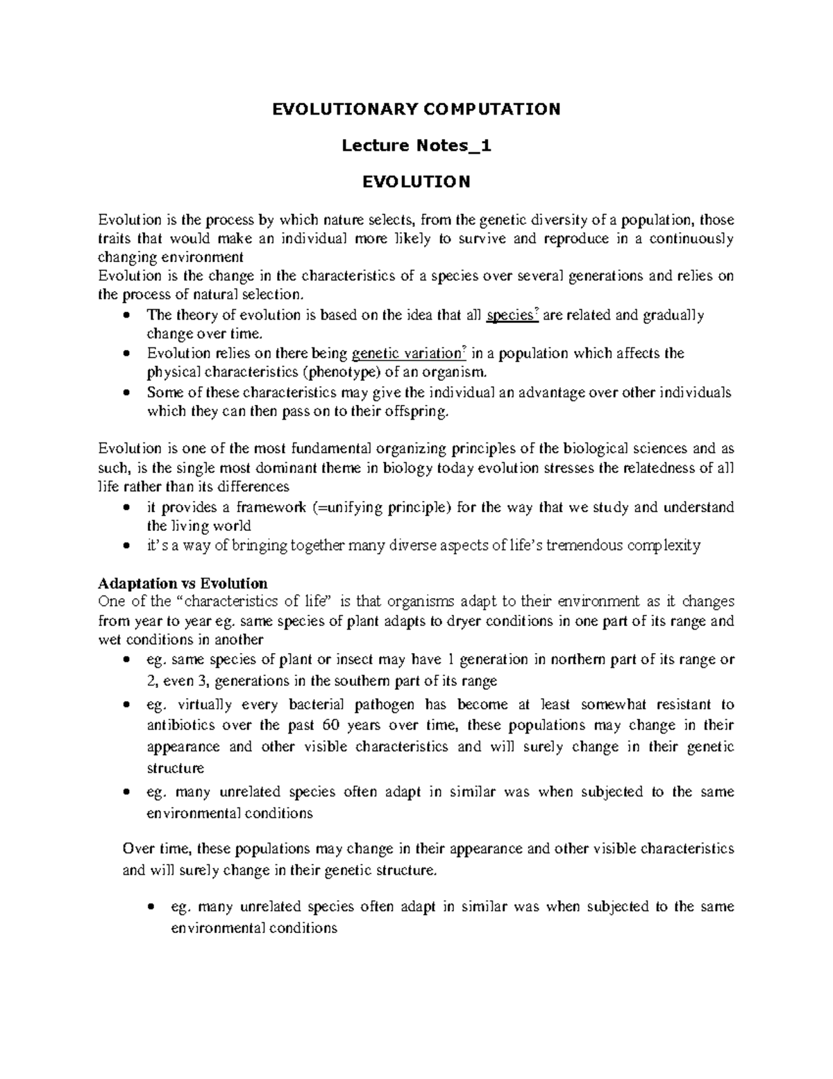 Ec Notes 1 Note On Evolutionary Computation Evolutionary Computation Lecture Notes 