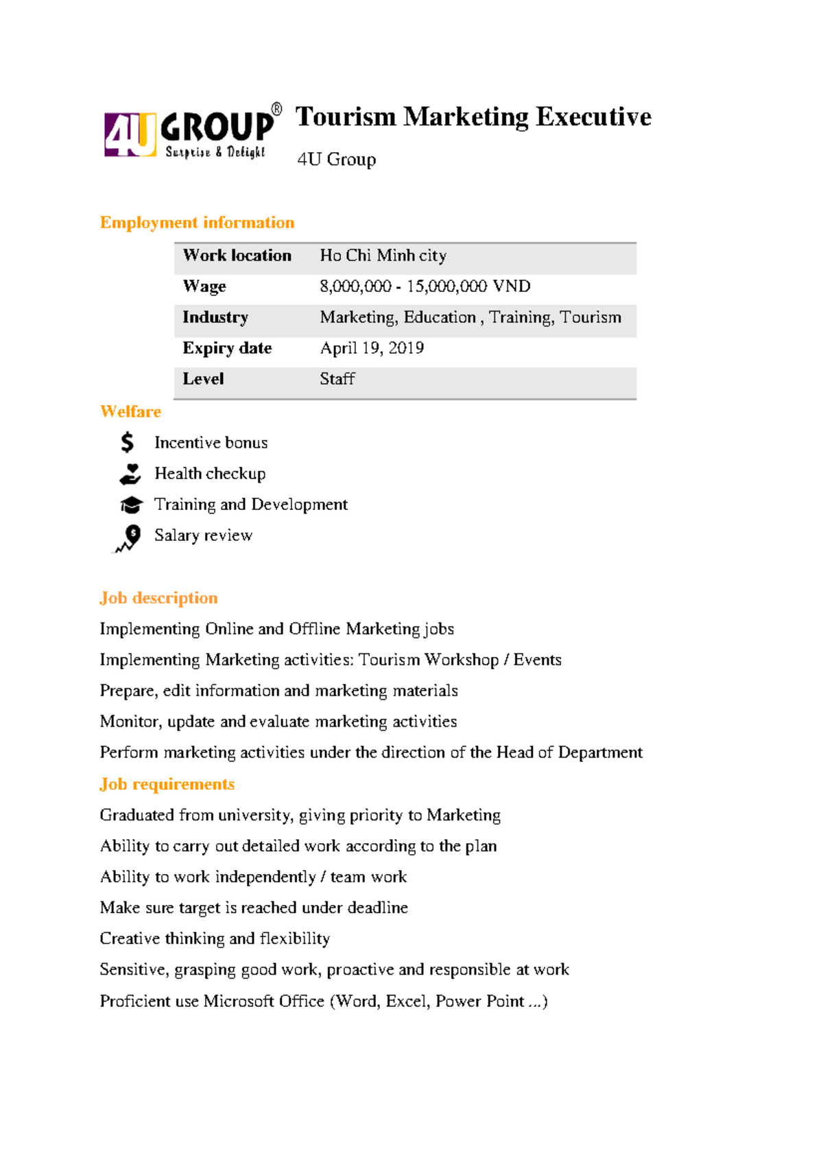 Job Advertisement - Practice for HRM - Tourism Marketing Executive 4U ...