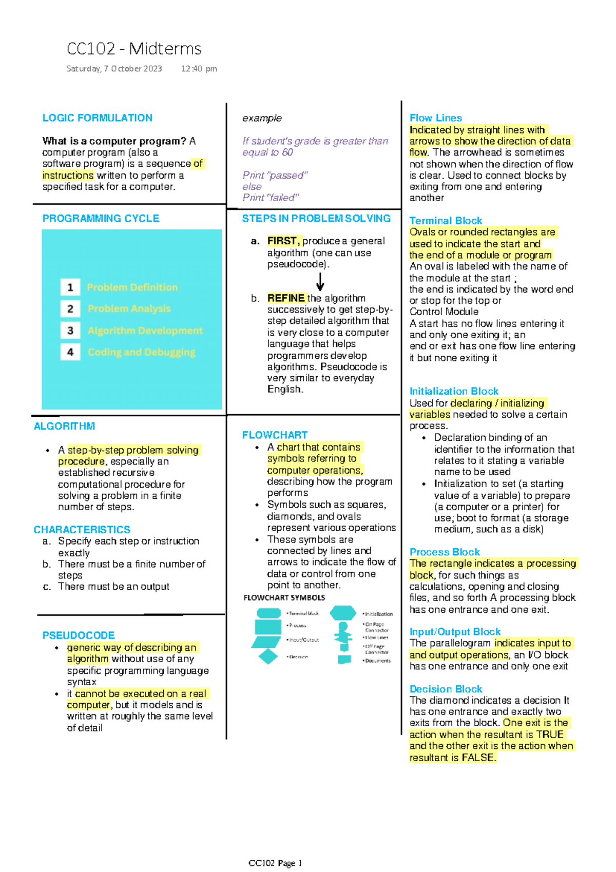 CC102 1st Sem Midtermsfinals (QCU) - LOGIC FORMULATION What is a computer program? A computer ...