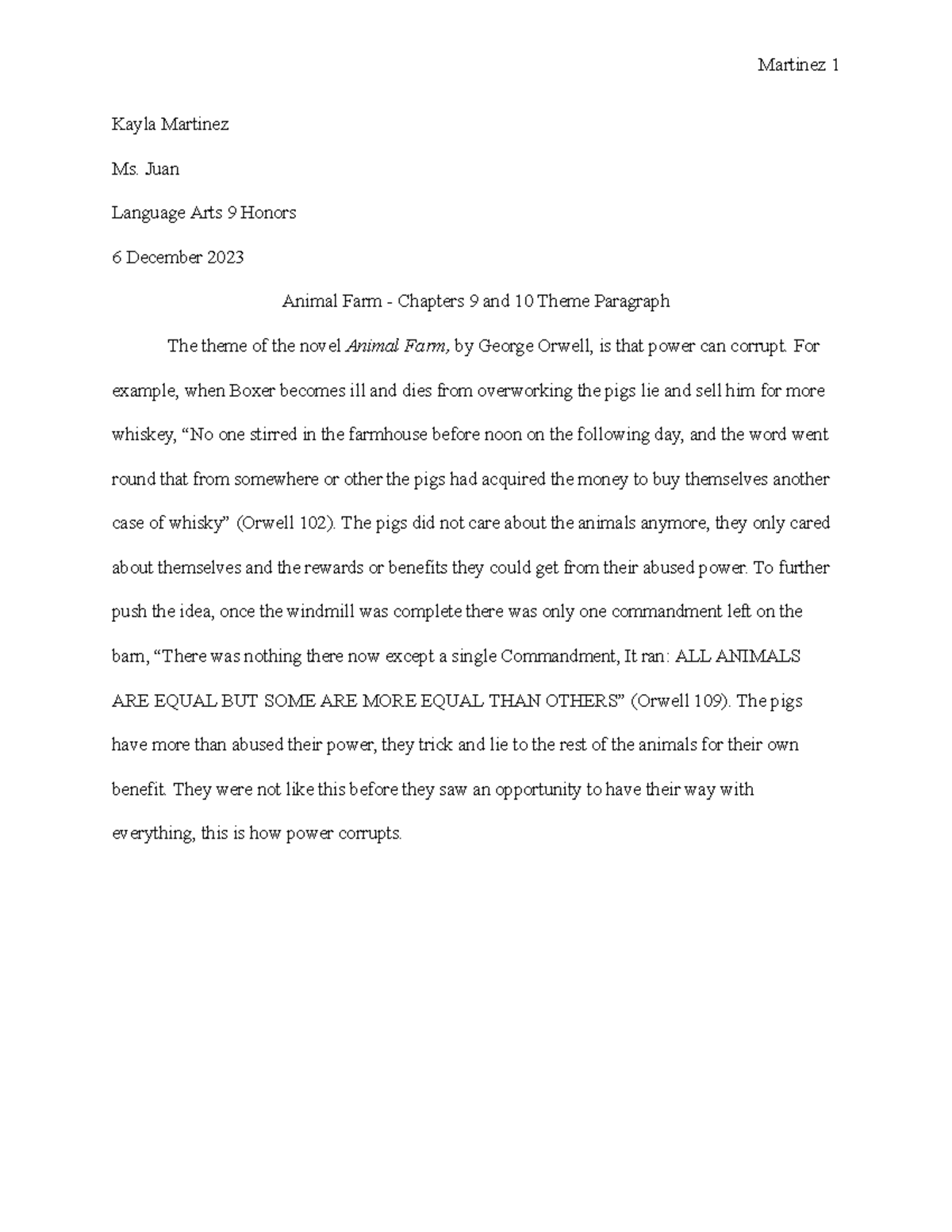 Animal Farm - Chapters 9 and 10 Theme Paragraph - Martinez 1 Kayla ...