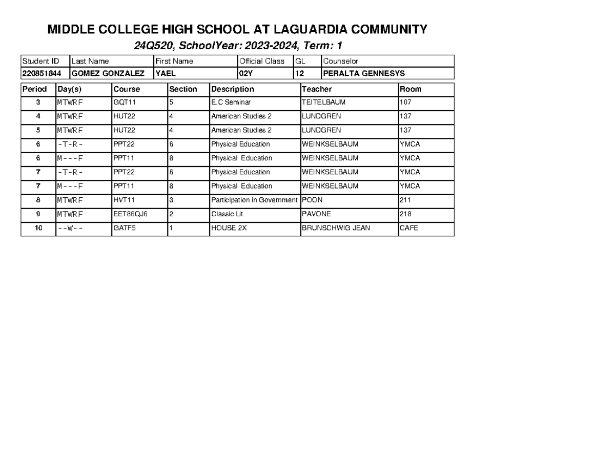Quick Student Program Card (98) - Period Day(s) Course Section ...