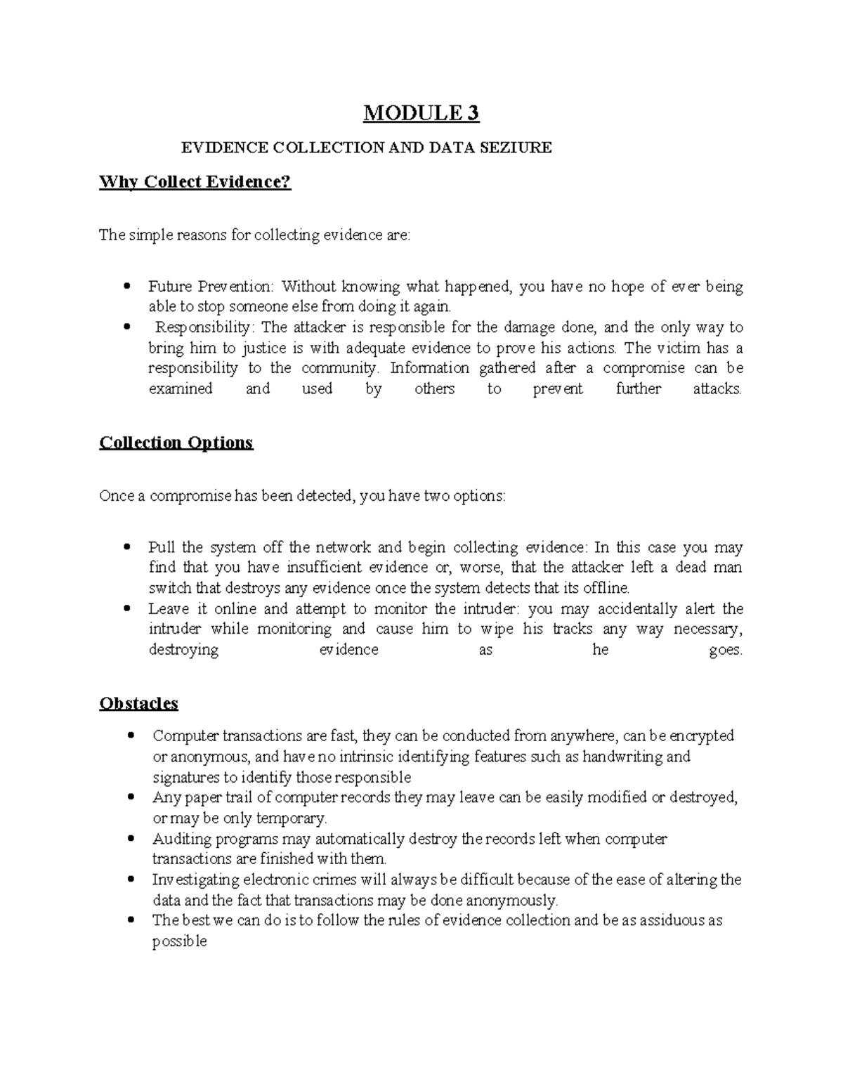 ICL Module 3 - MODULE 3 EVIDENCE COLLECTION AND DATA SEZIURE Why Collect Evidence? The simple ...