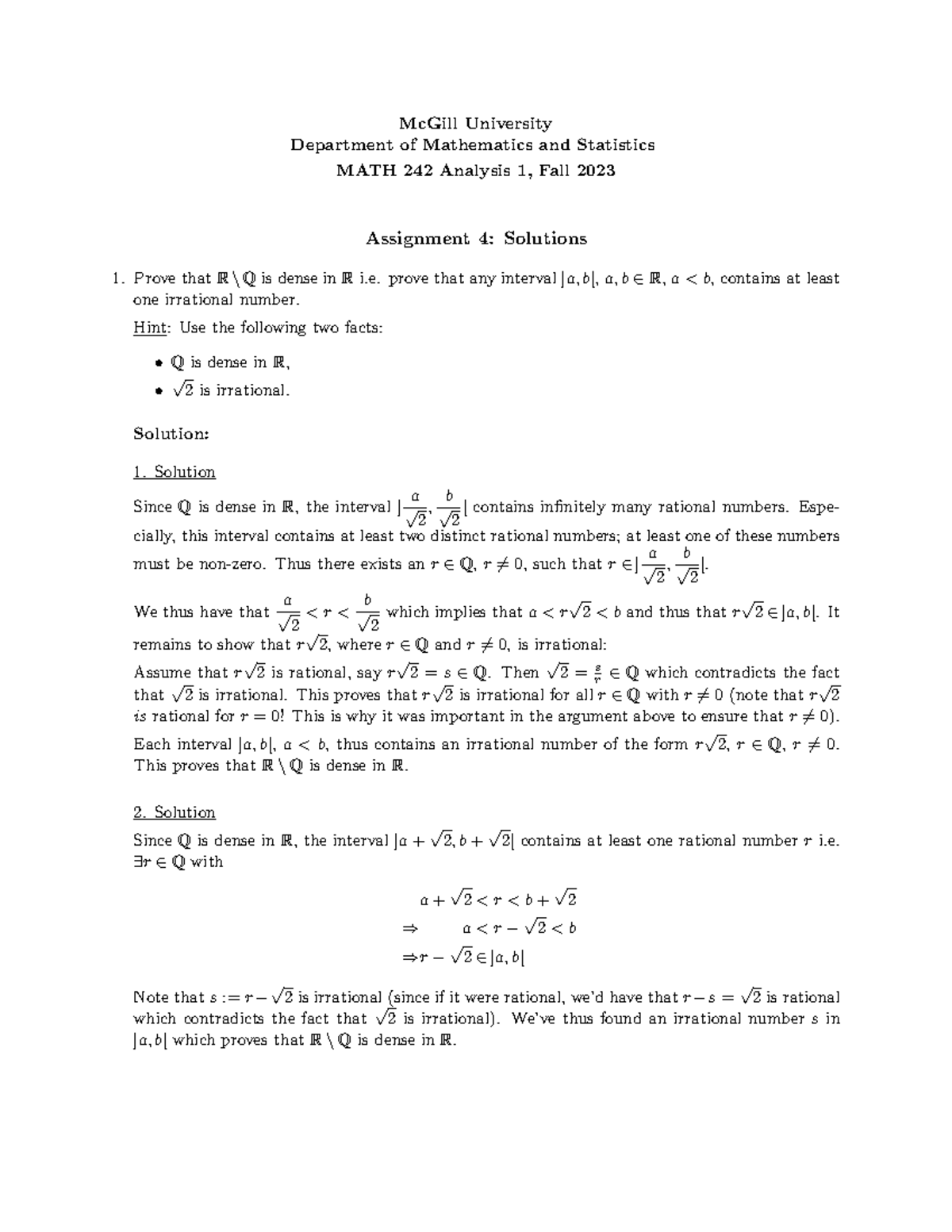 242f23ass4sol - Assignment 4 solution - McGill University Department of ...