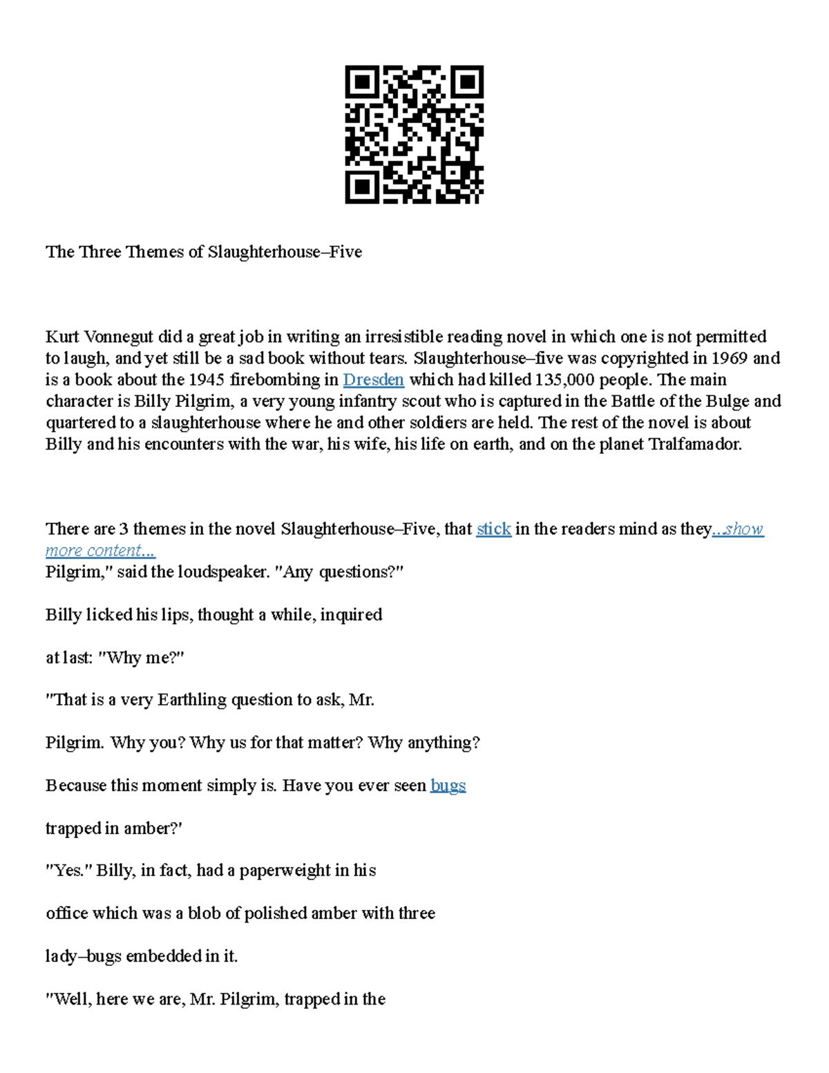 Slaughterhouse Five Essay Topics - The Three Themes of Slaughterhouse ...