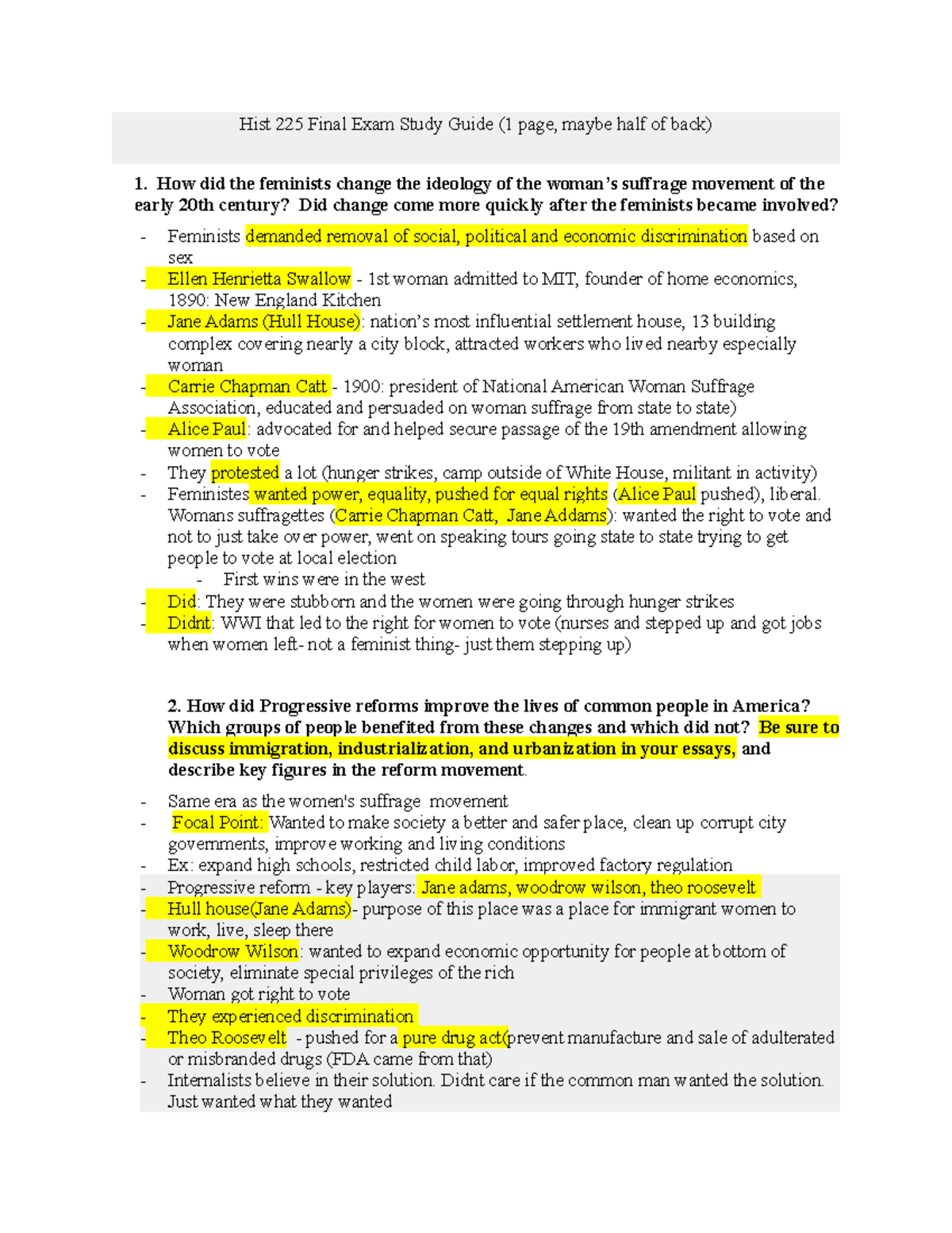 Hist 225 Final Exam Study Guide - Womans suffragettes (Carrie Chapman ...