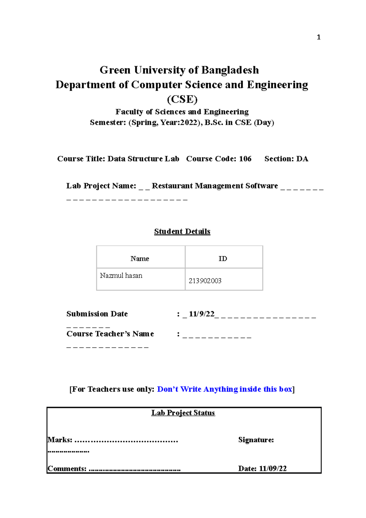 Sample Project Report - important course - Green University of ...