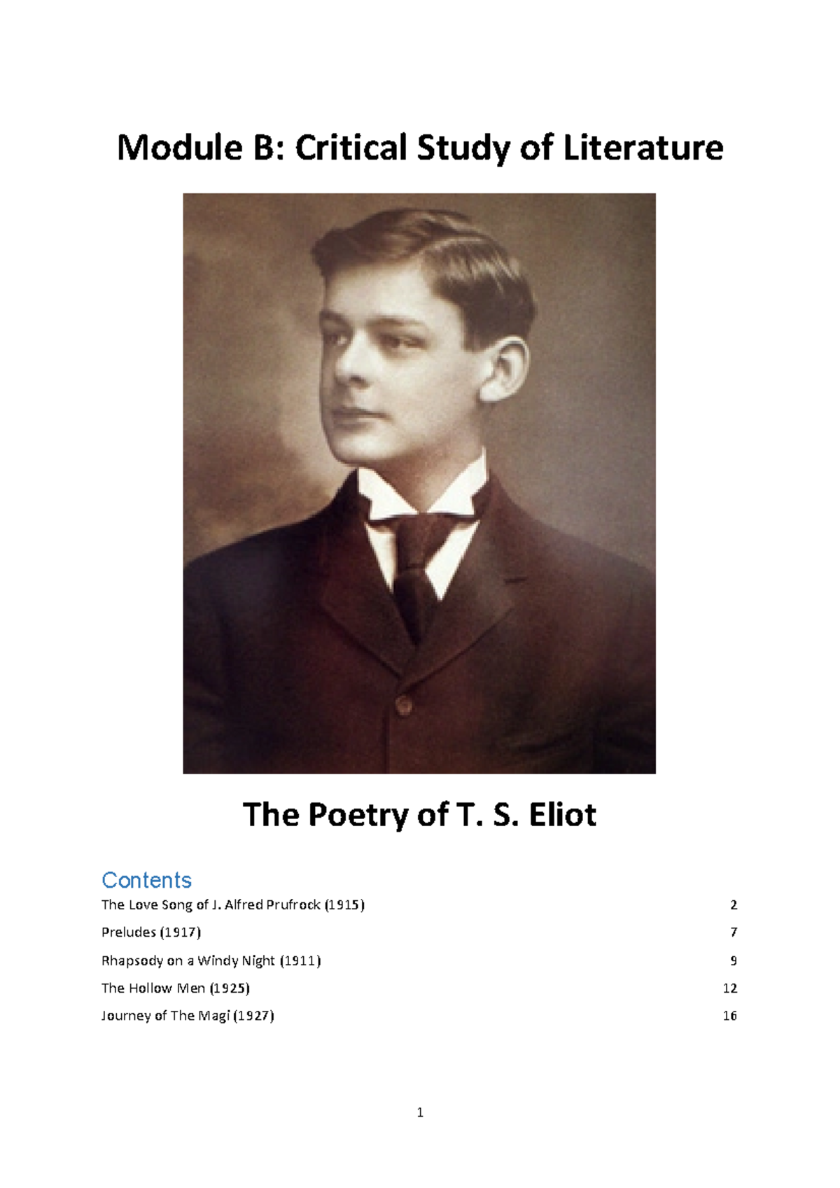 T.S. Eliot HSC mod b poems - Module B: Critical Study of Literature The ...