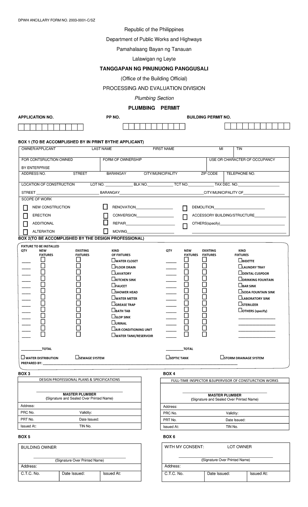 Plumbing Permit Application FORM - DPWH ANCILLARY FORM NO. 2003-0001-C ...