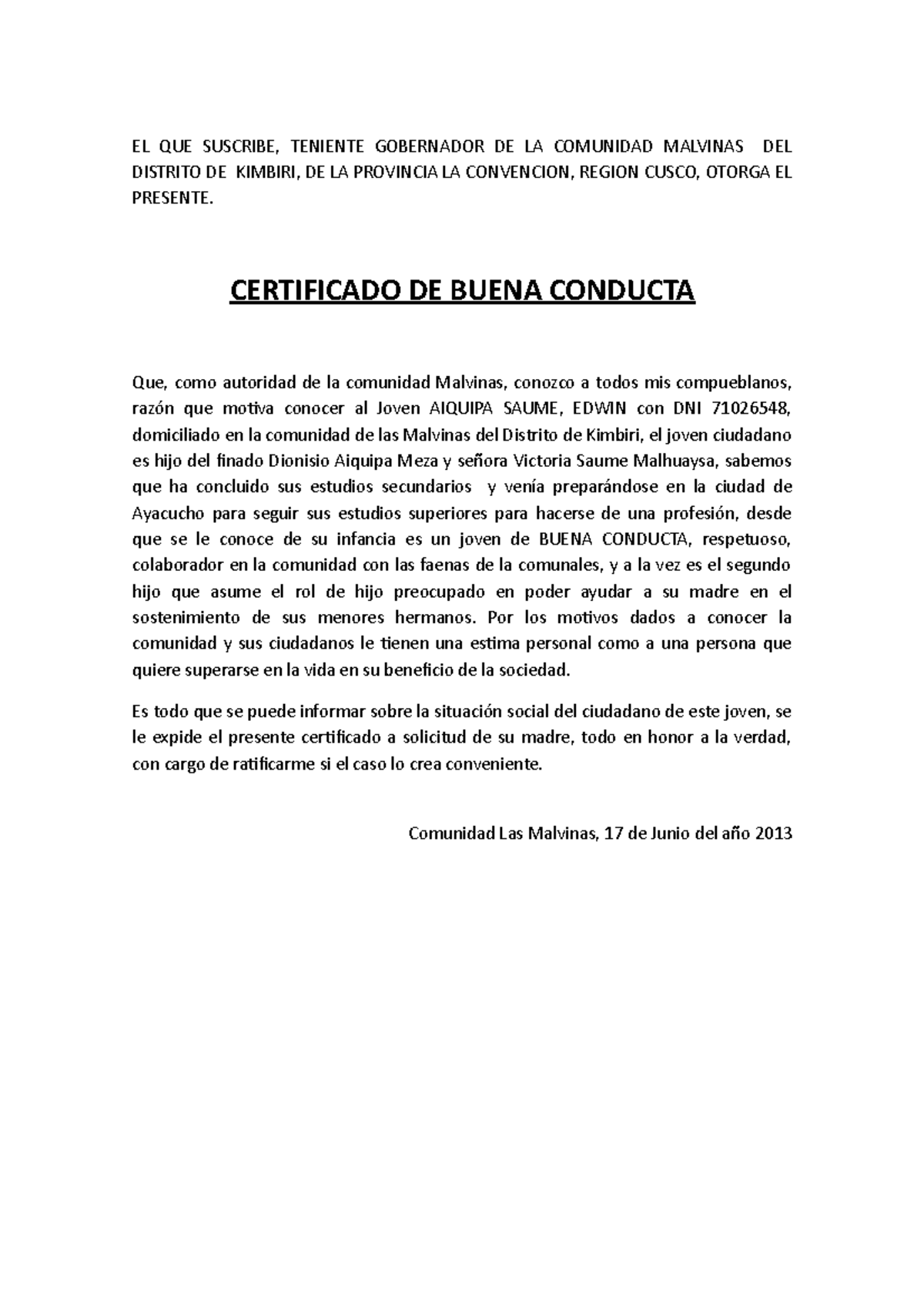 Certificado DE Buena Conducta - EL QUE SUSCRIBE, TENIENTE GOBERNADOR DE ...
