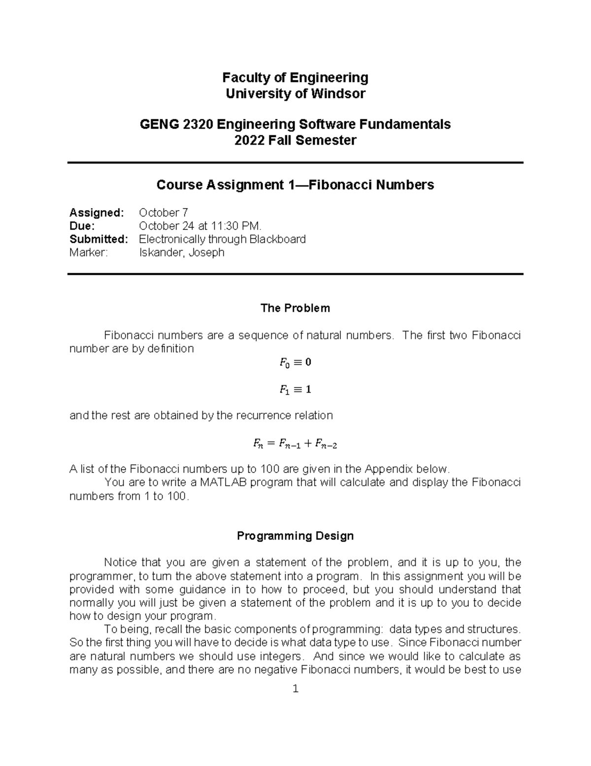 Course Assignment 01 - Faculty of Engineering University of Windsor ...
