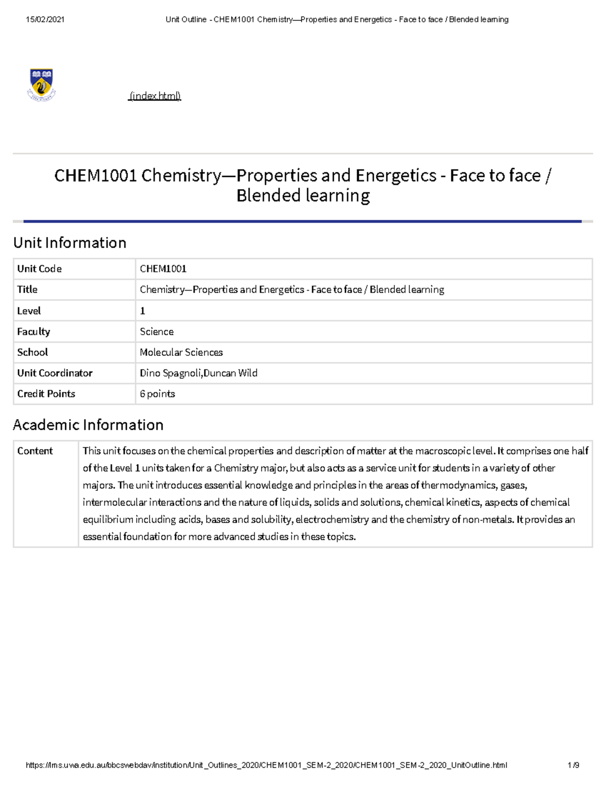 Unit Outline - CHEM1001 Chemistry—Properties and Energetics - Face to ...