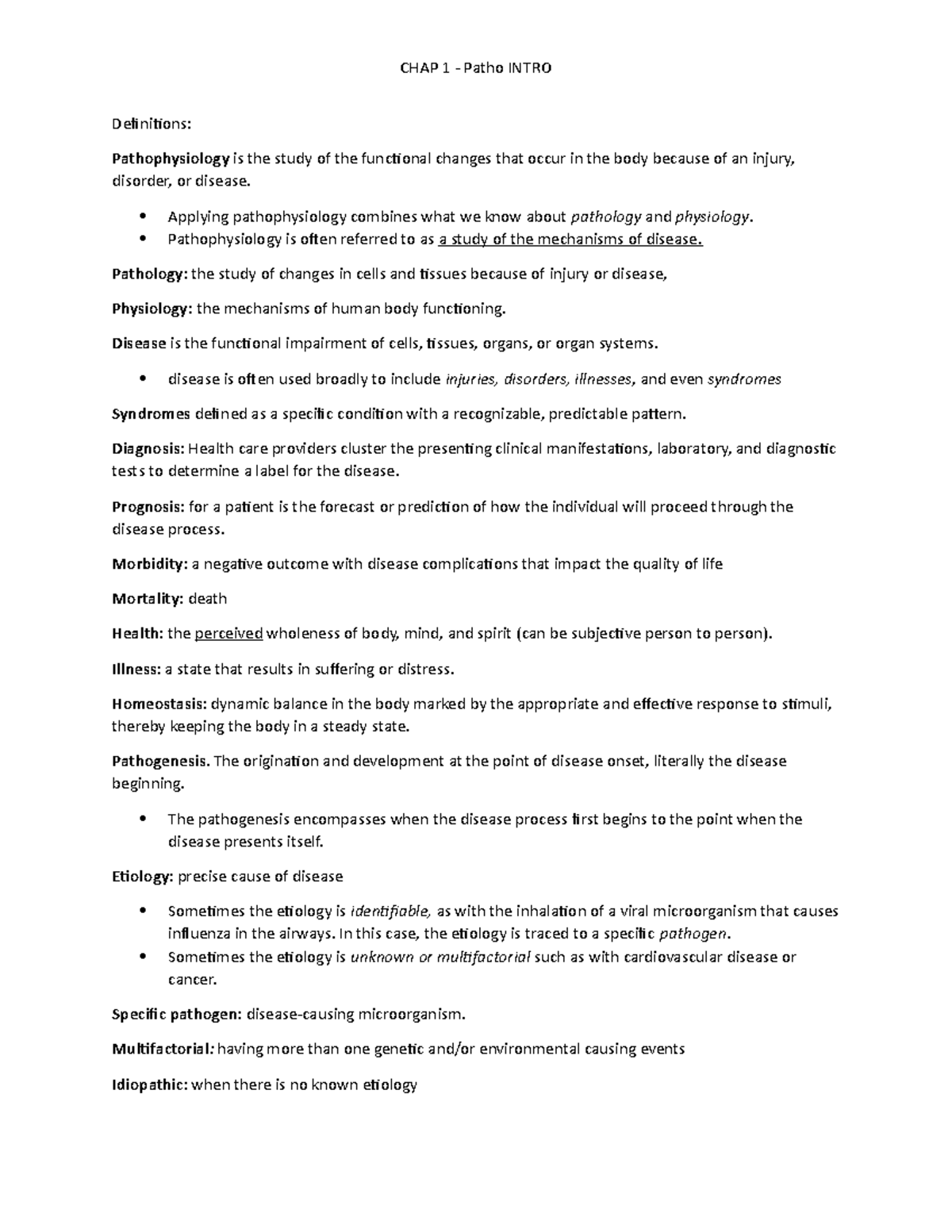 Ch. 1 Intro to Patho - Study Guide - CHAP 1 - Patho INTRO Definitions: Pathophysiology is the ...