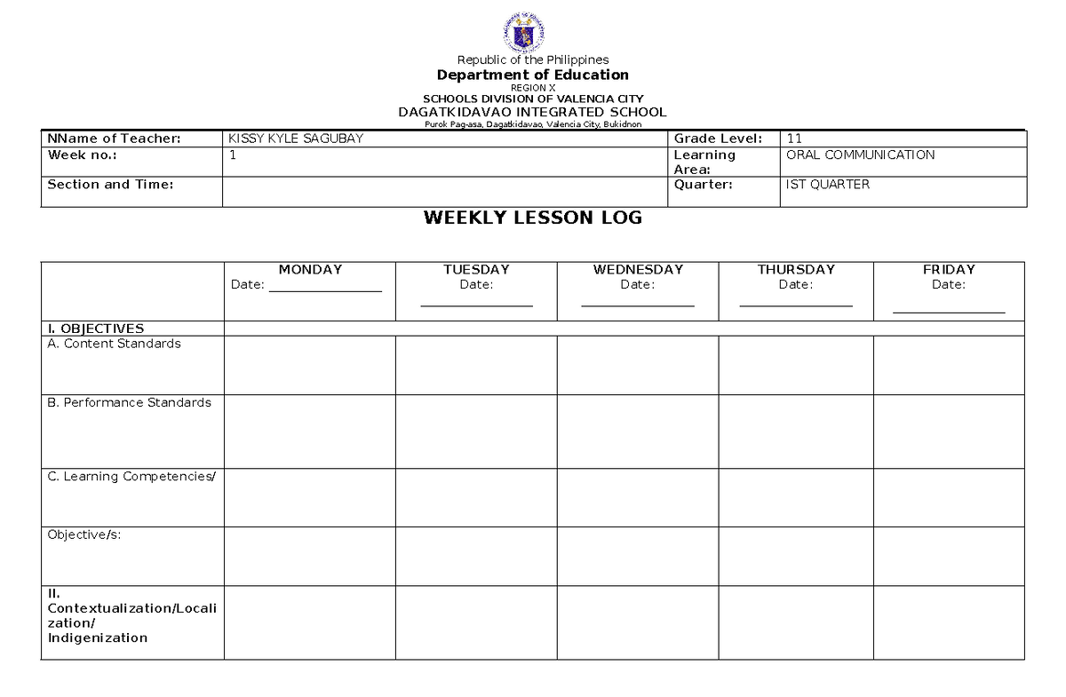 3RD WEEK - weekly lesson log - Department of Education REGION X SCHOOLS ...