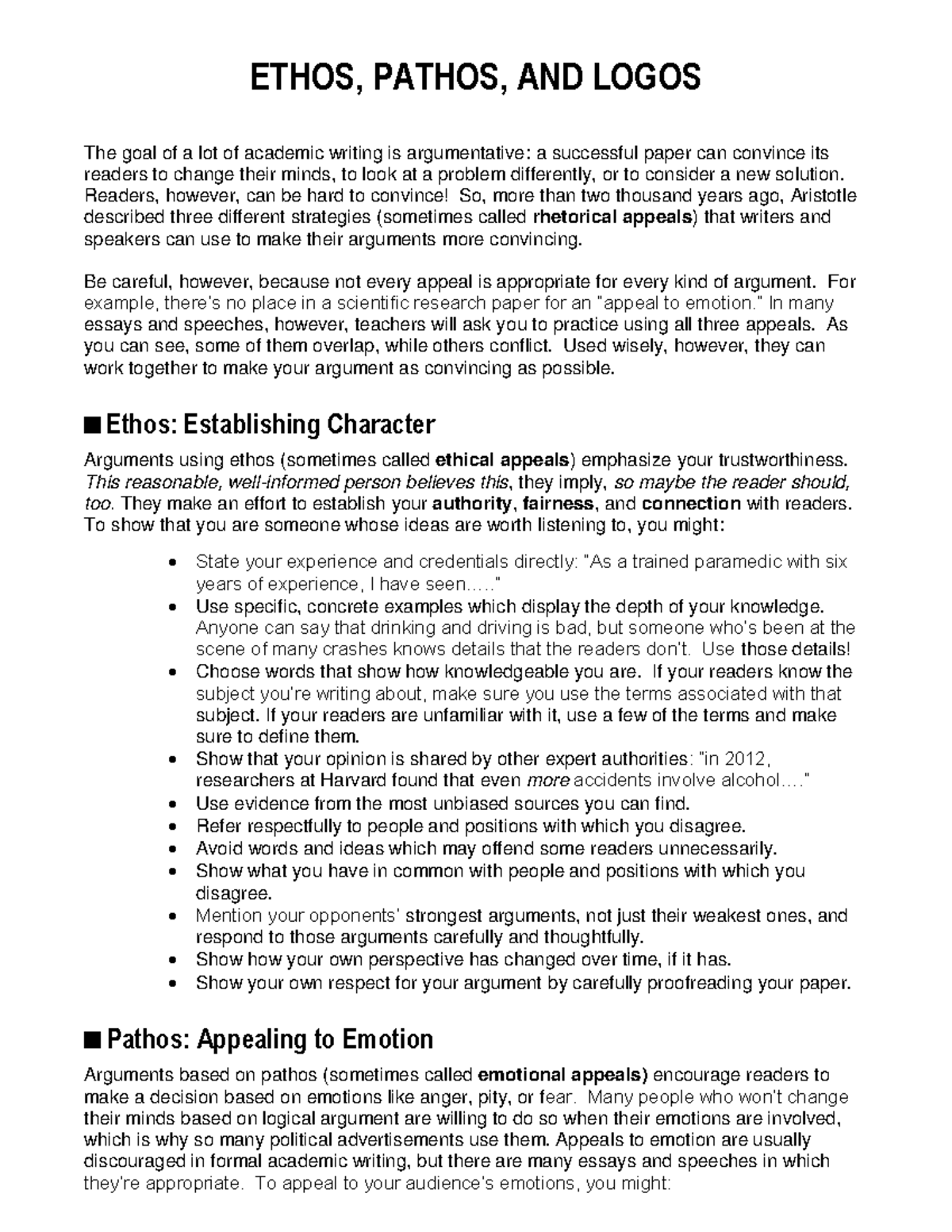 Ethos, Pathos, Logos - notes - ETHOS, PATHOS, AND LOGOS The goal of a ...
