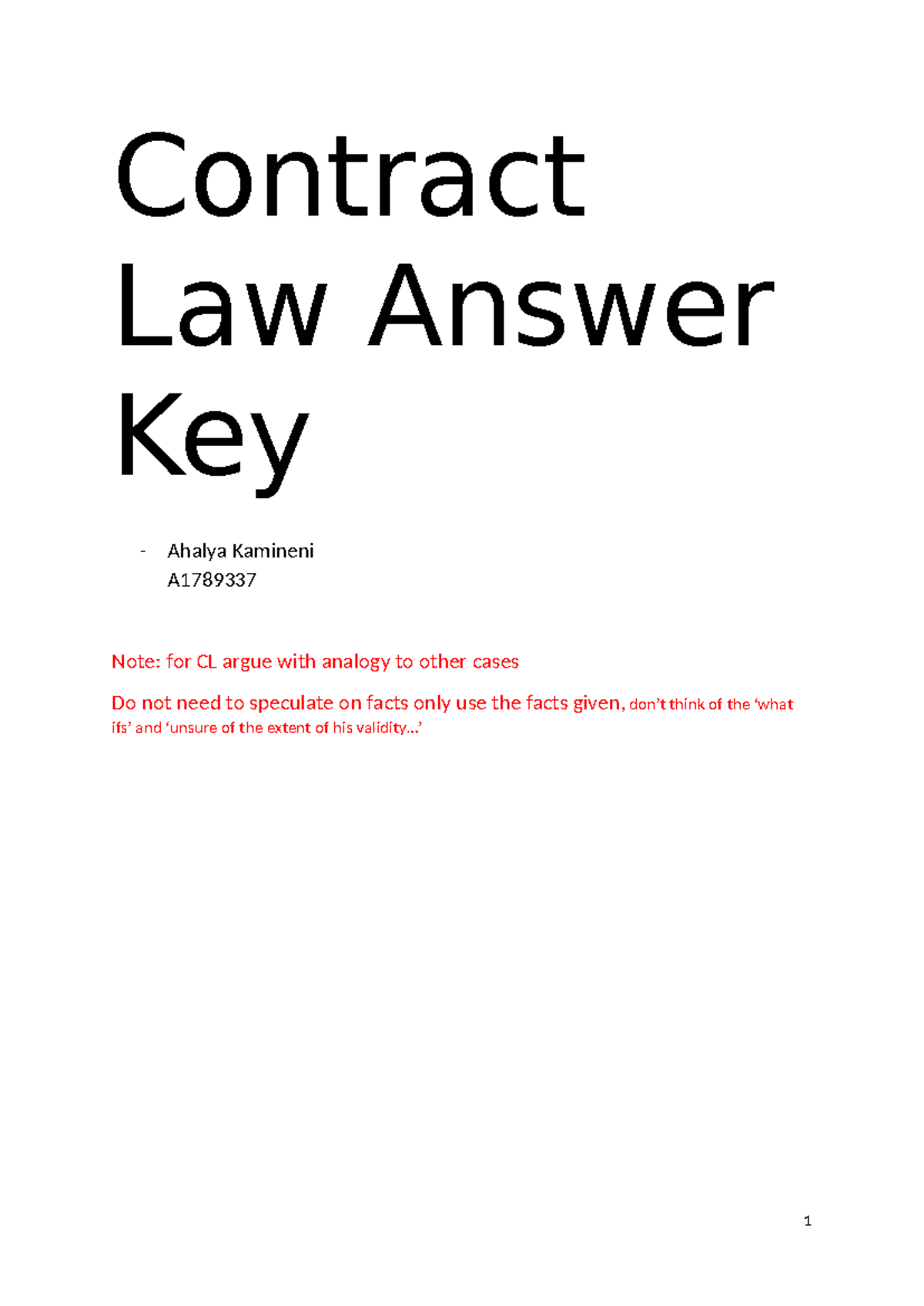 Contract Law answer key - Contract Law Answer Key Ahalya Kamineni A ...