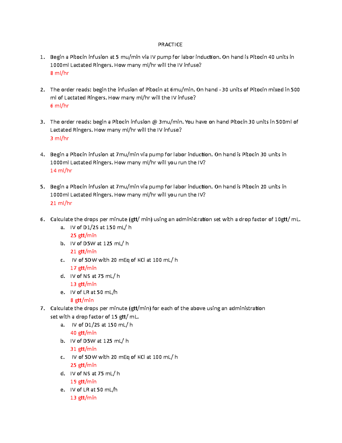 Practice Pitocin Calculations PRACTICE Begin A Pitocin Infusion At