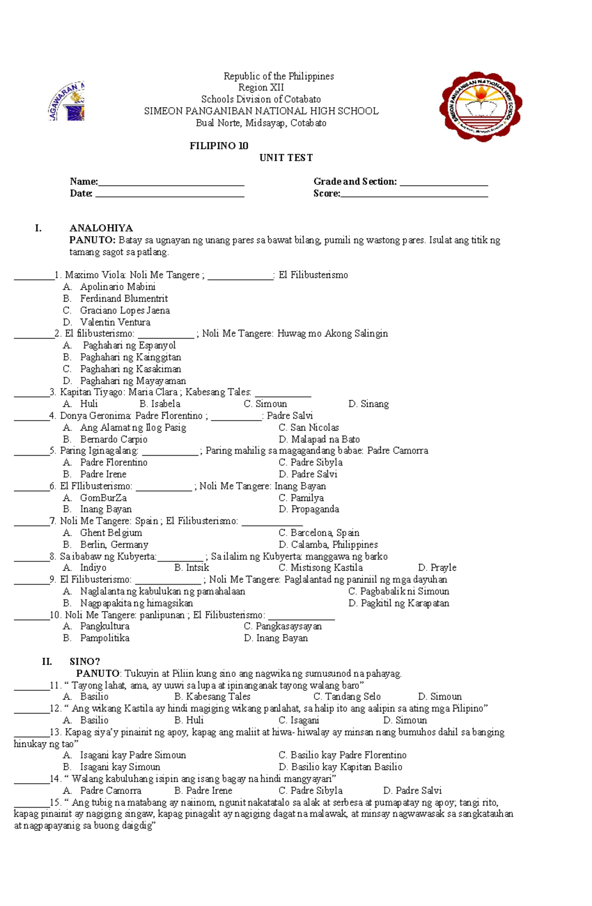 UNIT TEST - Republic of the Philippines Region XII Schools Division of ...