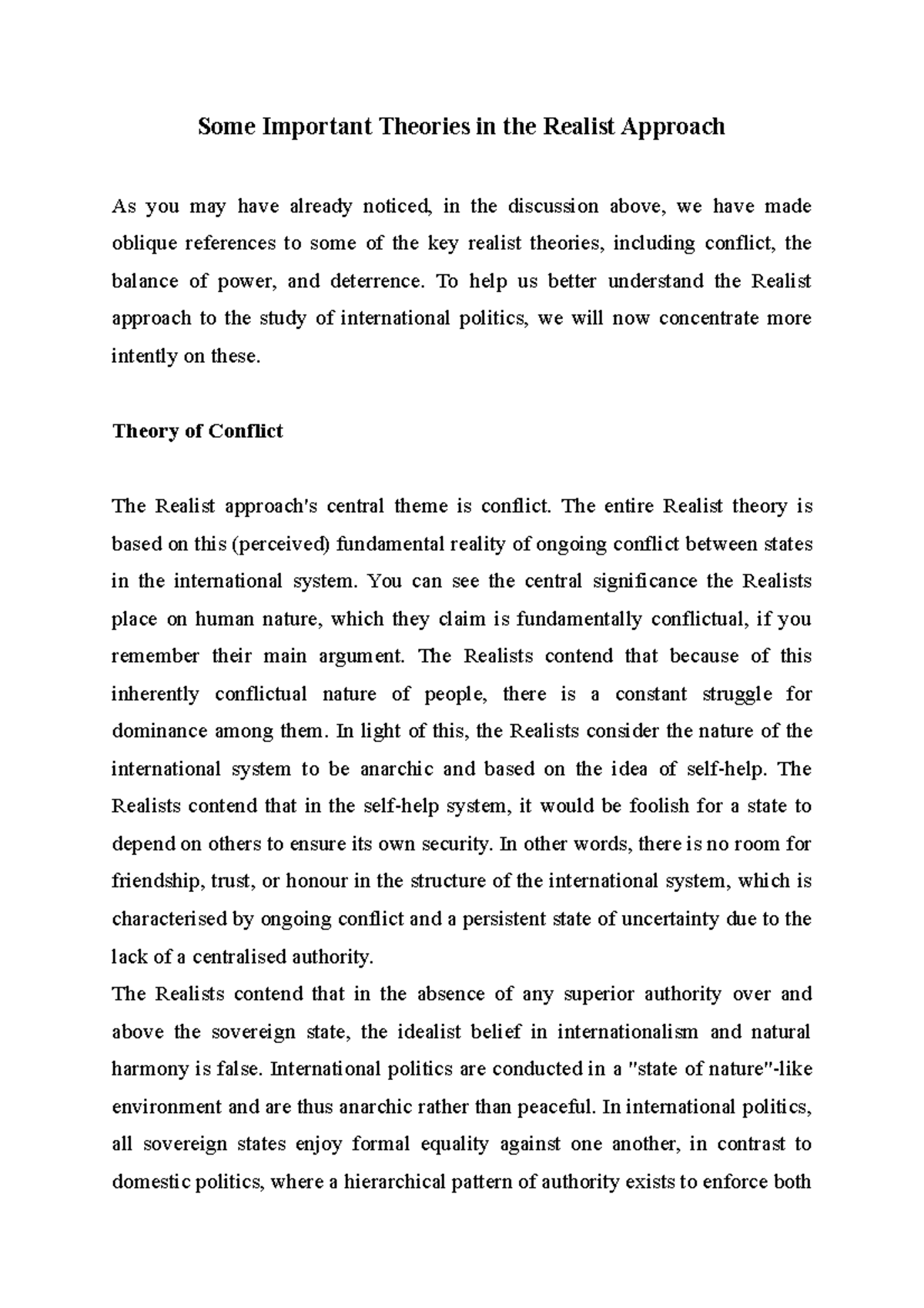 Some Important Theories in the Realist Approach - To help us better ...