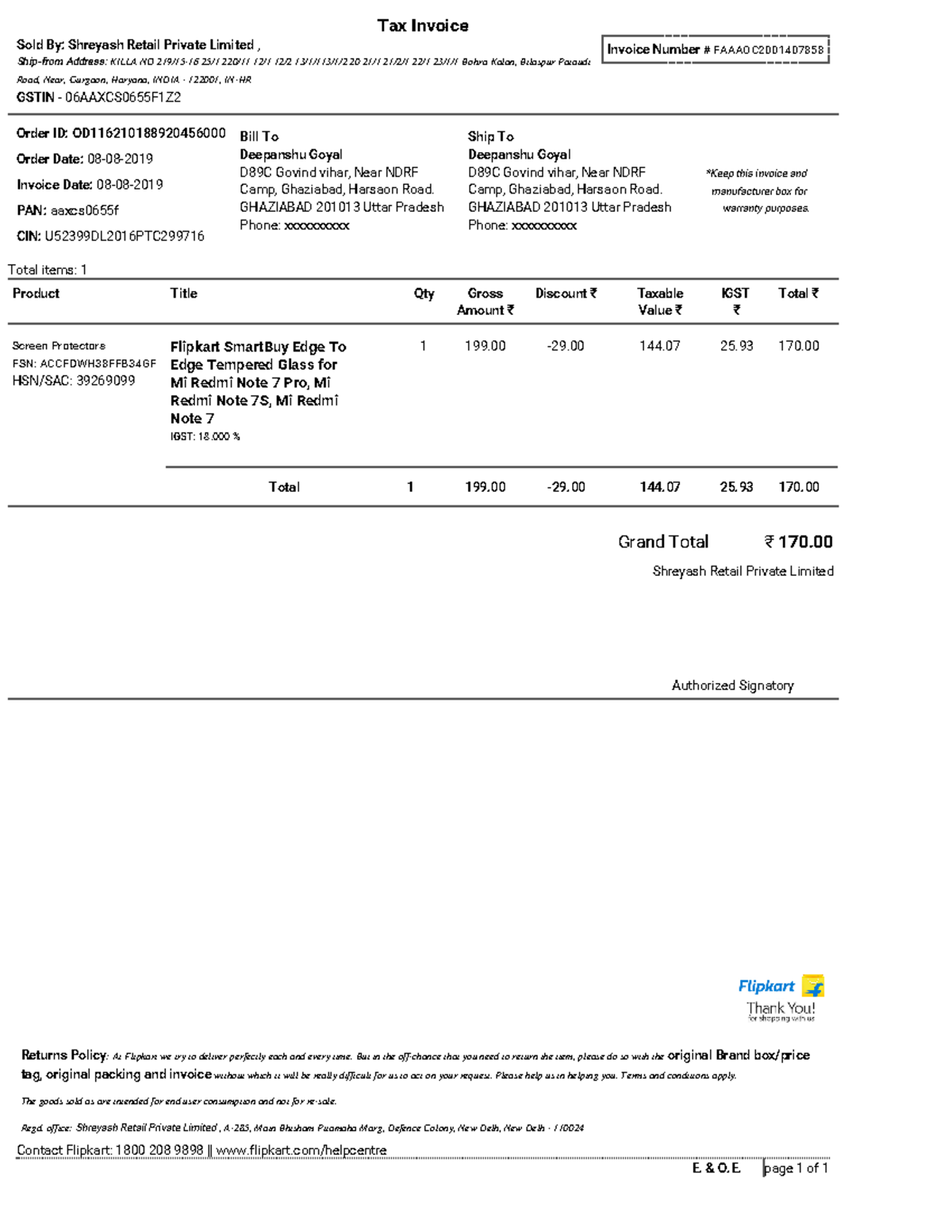Pdfcoffee - 1120121 - E. & O. page 1 of 1 ####### *Keep this invoice and ####### manufacturer ...
