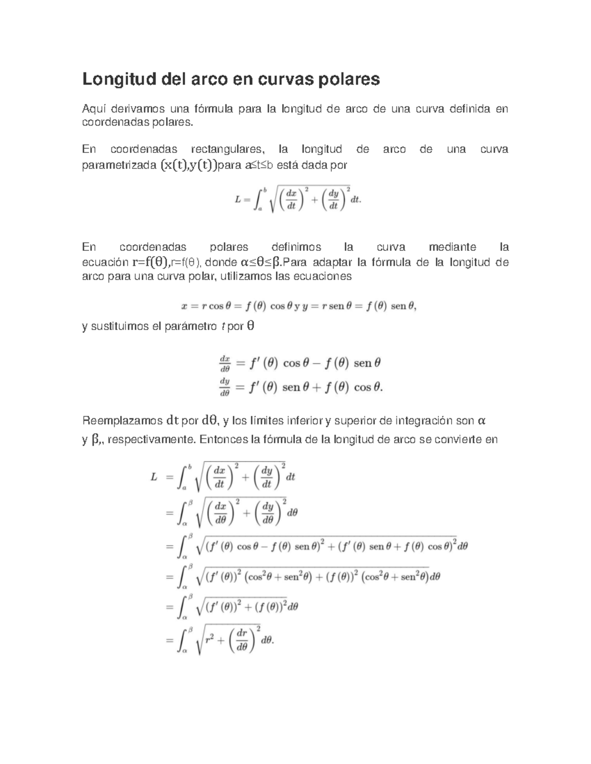 Calculo - Longitud del arco en curvas polares Aquí derivamos una ...