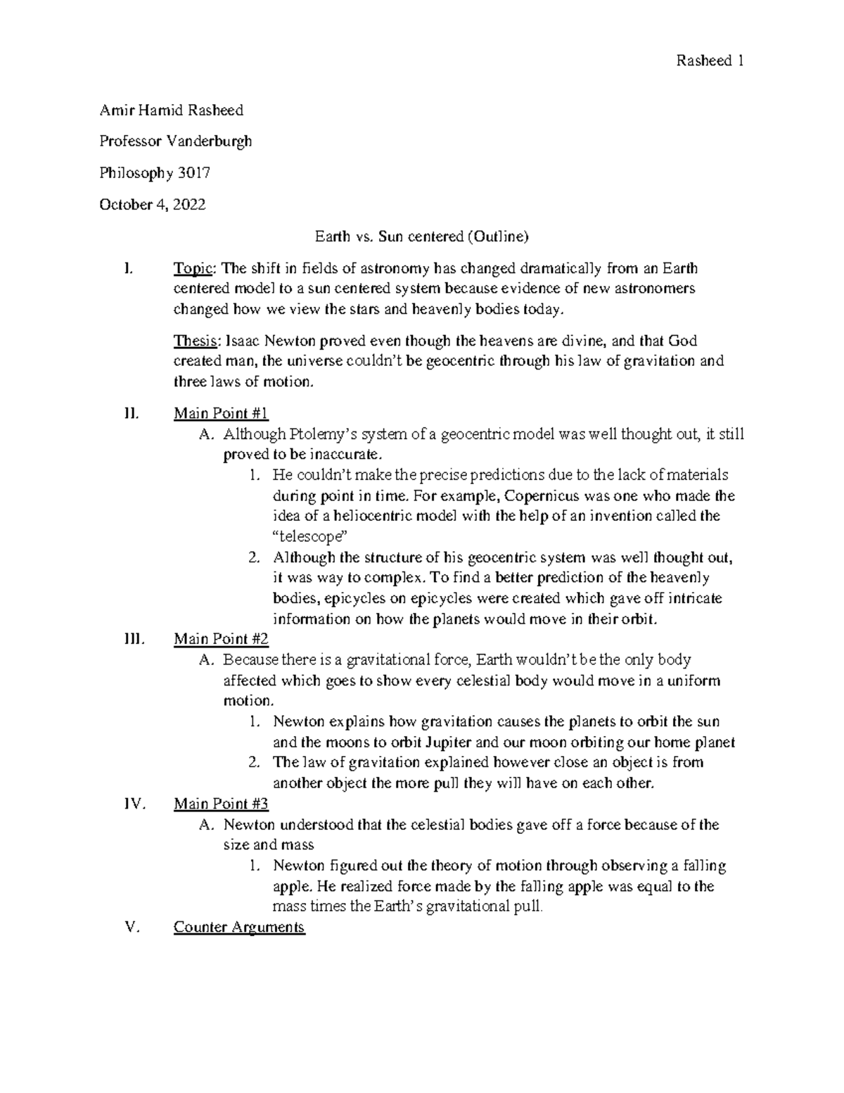 Philosphy Outline - n/a - Rasheed 1 Amir Hamid Rasheed Professor ...