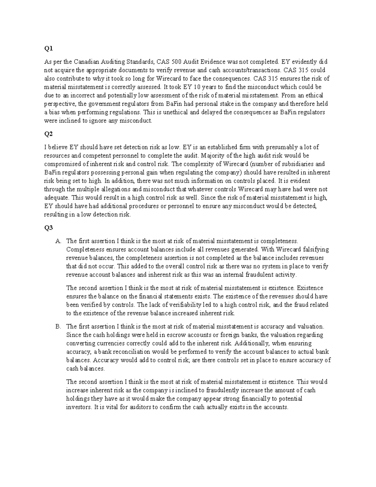 AFM 208 Video Assignment #1 - Q As per the Canadian Auditing Standards ...