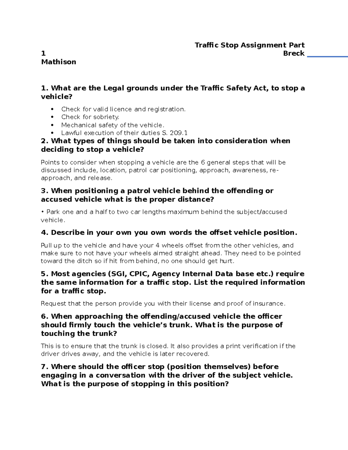 Traffic stop - dnjsdnjsad - Traffic Stop Assignment Part 1 Breck ...