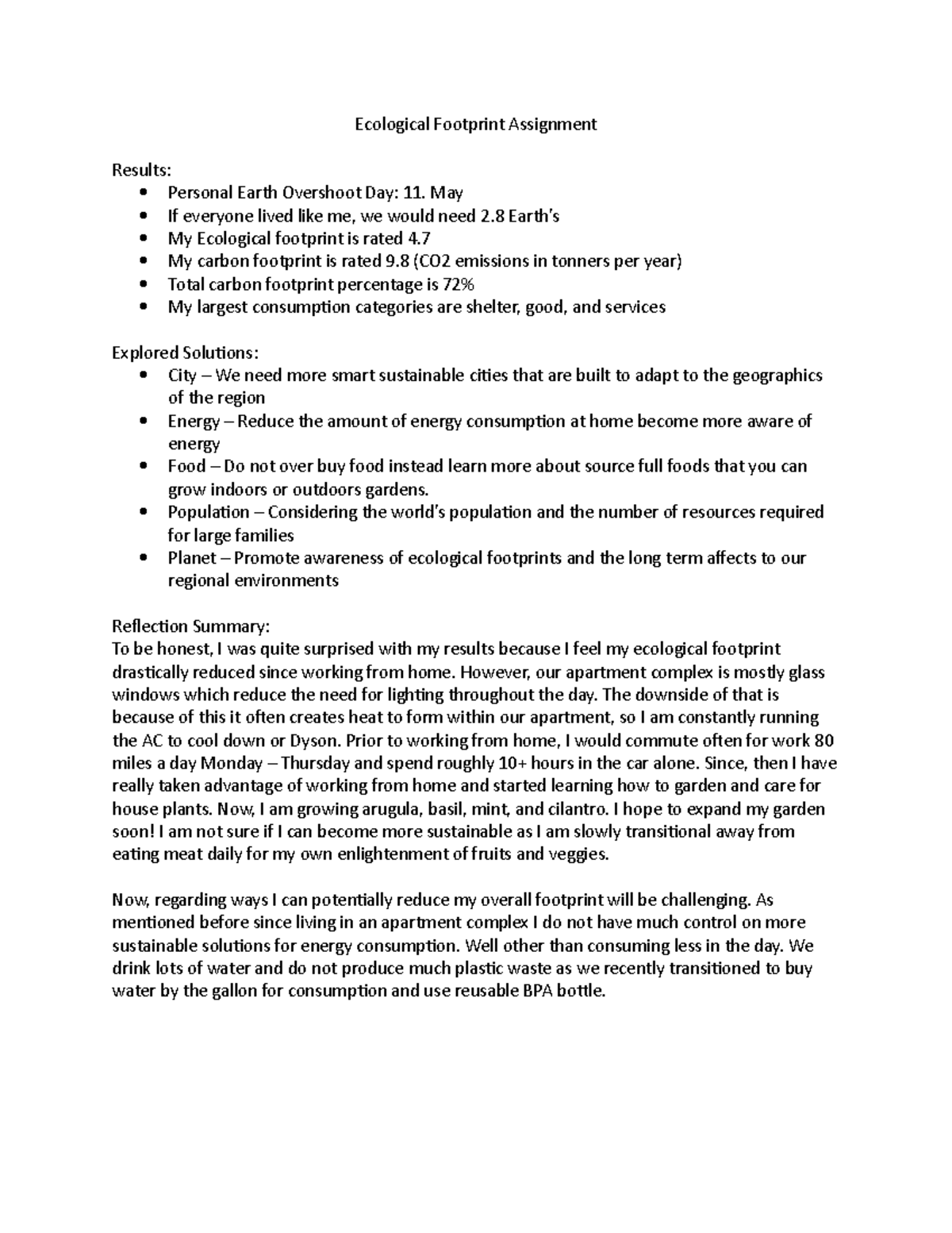 Ecological Footprint Assignment - Ecological Footprint Assignment ...