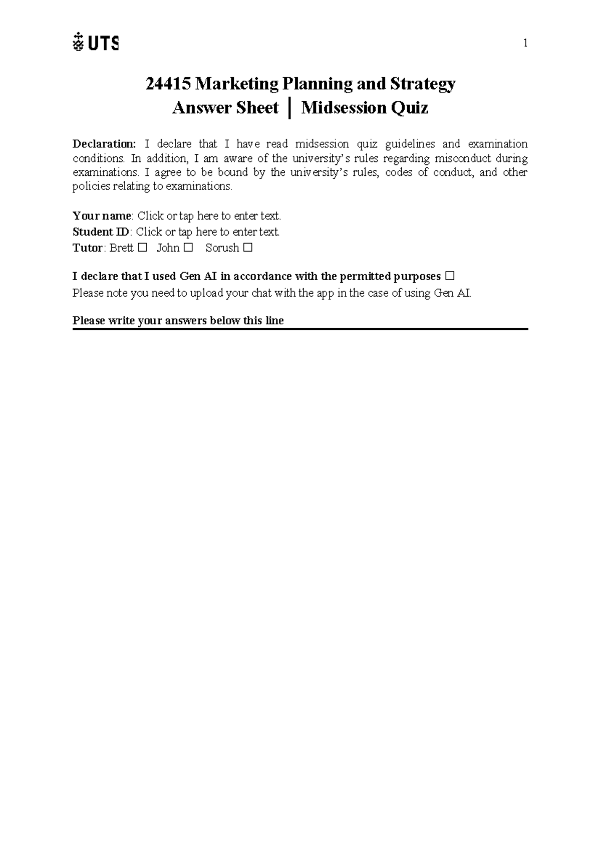 01- Answer Sheet, 24415 MPS AUT24 midsession quiz-1 - 1 24415 Marketing ...