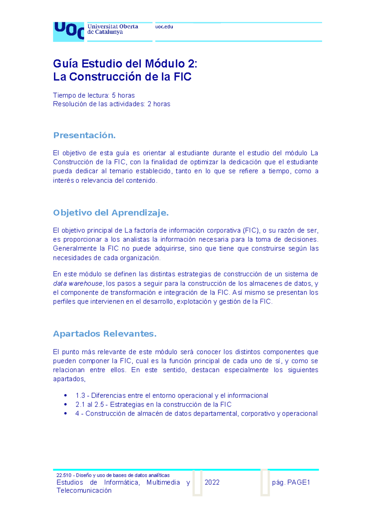 modulo dos bases de datos analiticas - Guía Estudio del Módulo 2: La Construcción de la FIC ...