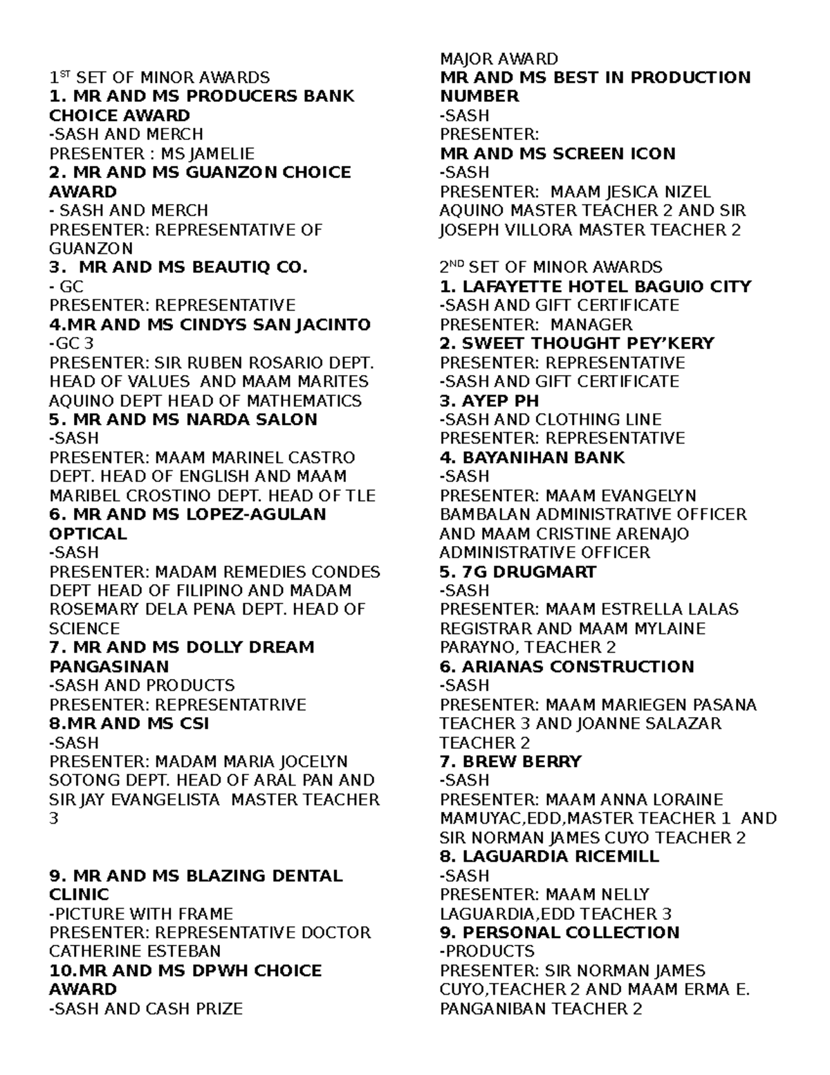 Awards - 1 ST SET OF MINOR AWARDS 1. MR AND MS PRODUCERS BANK CHOICE ...