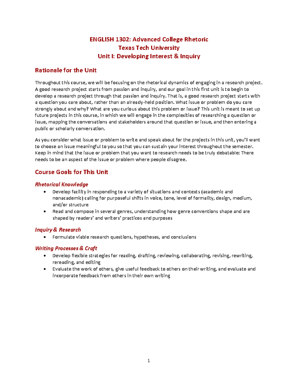 1302 Unit 1 - Project 2 Developing Interest & Inquiry - 1 ENGLISH 1302 ...