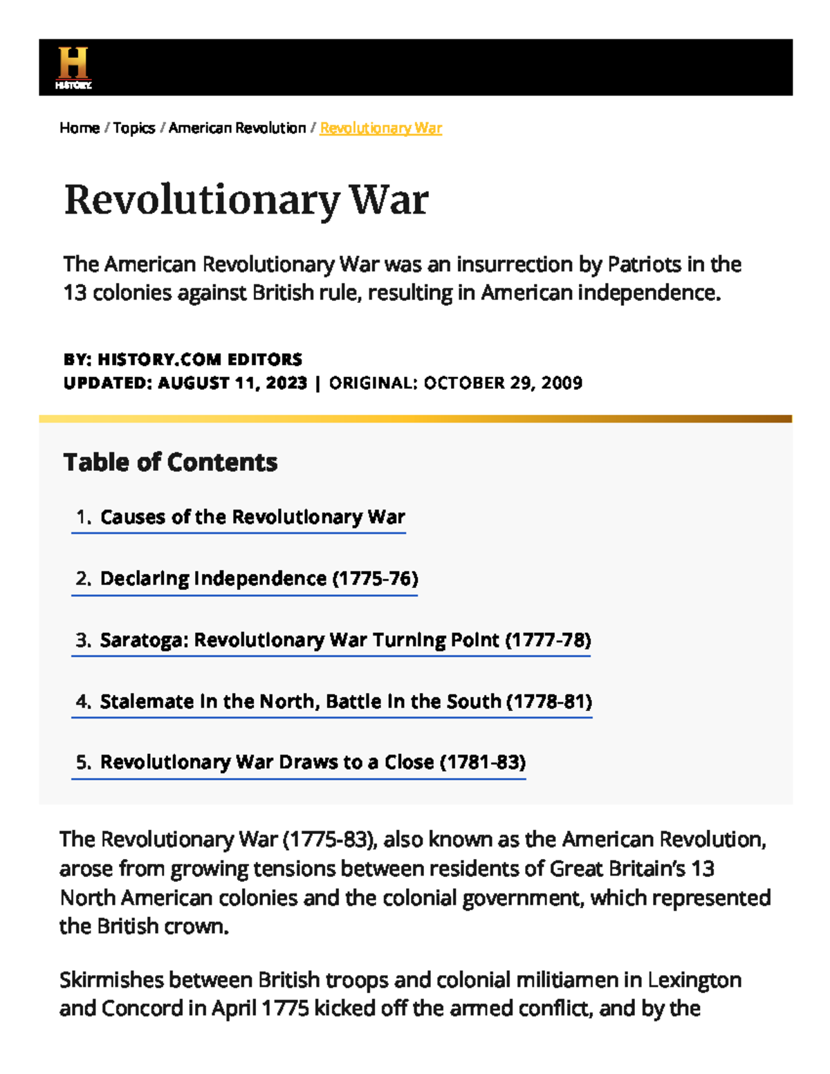 Revolutionary War - Timeline, Facts & Battles History - Table of ...