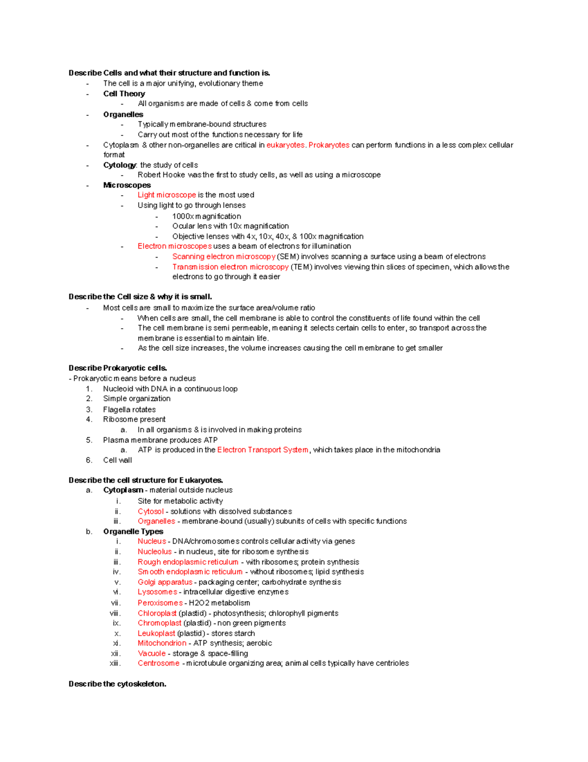 BSC 1010 Unit 2 Study Guide - Describe Cells and what their structure ...