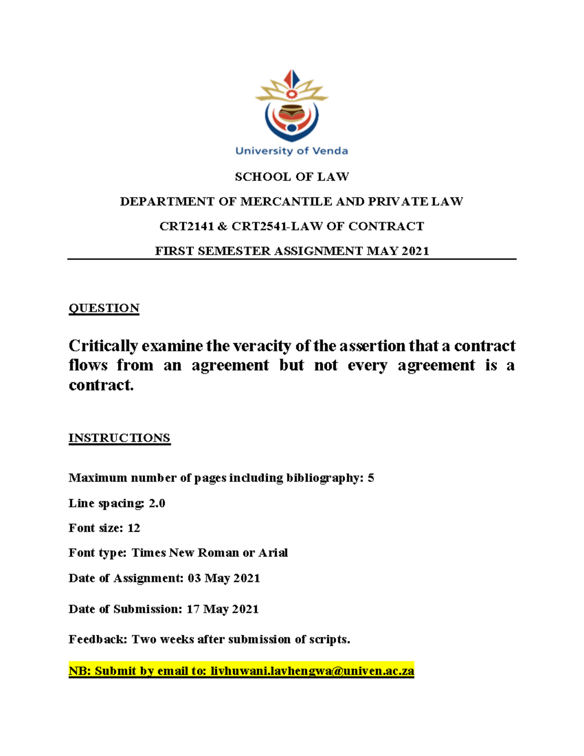 Law of contract Assignment - SCHOOL OF LAW DEPARTMENT OF MERCANTILE AND ...