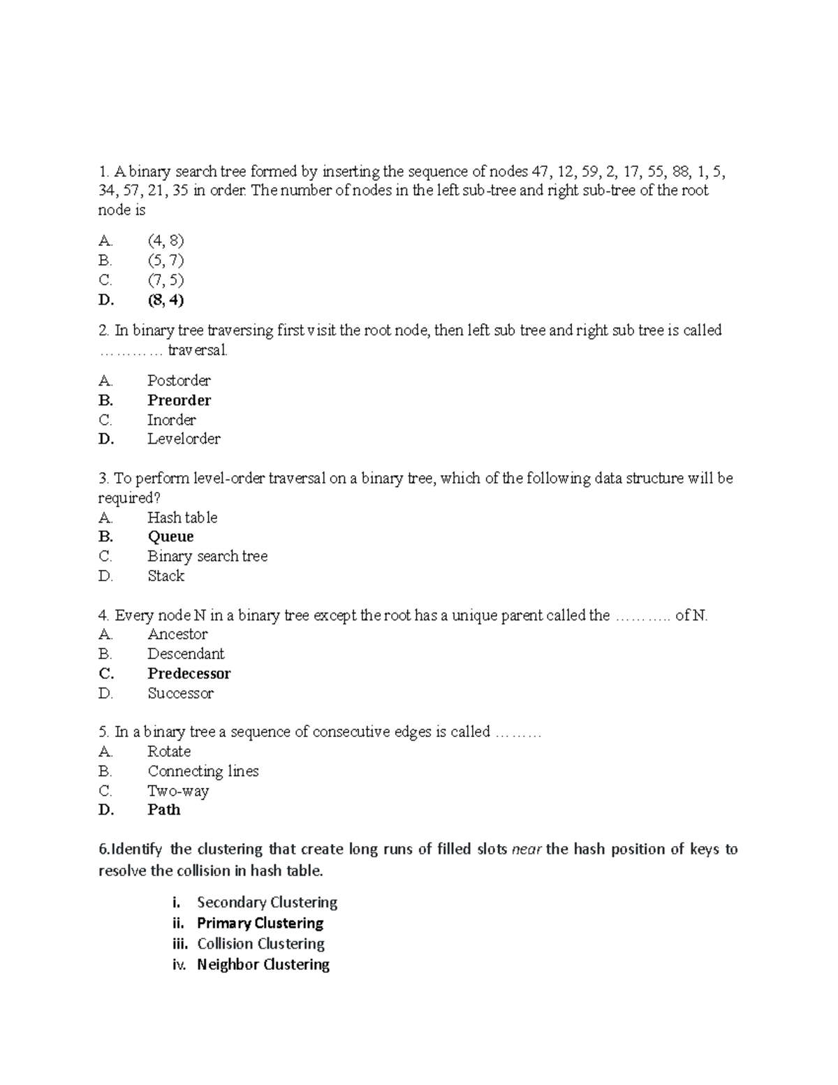 CT3-QP3-Answer key - CSe - A binary search tree formed by inserting the sequence of nodes 47, 12 ...