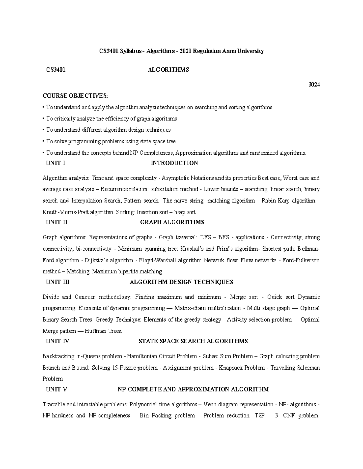 CS3401 Syllabus - bjkbh - CS3401 Syllabus - Algorithms - 2021 Regulation Anna University CS3401 ...