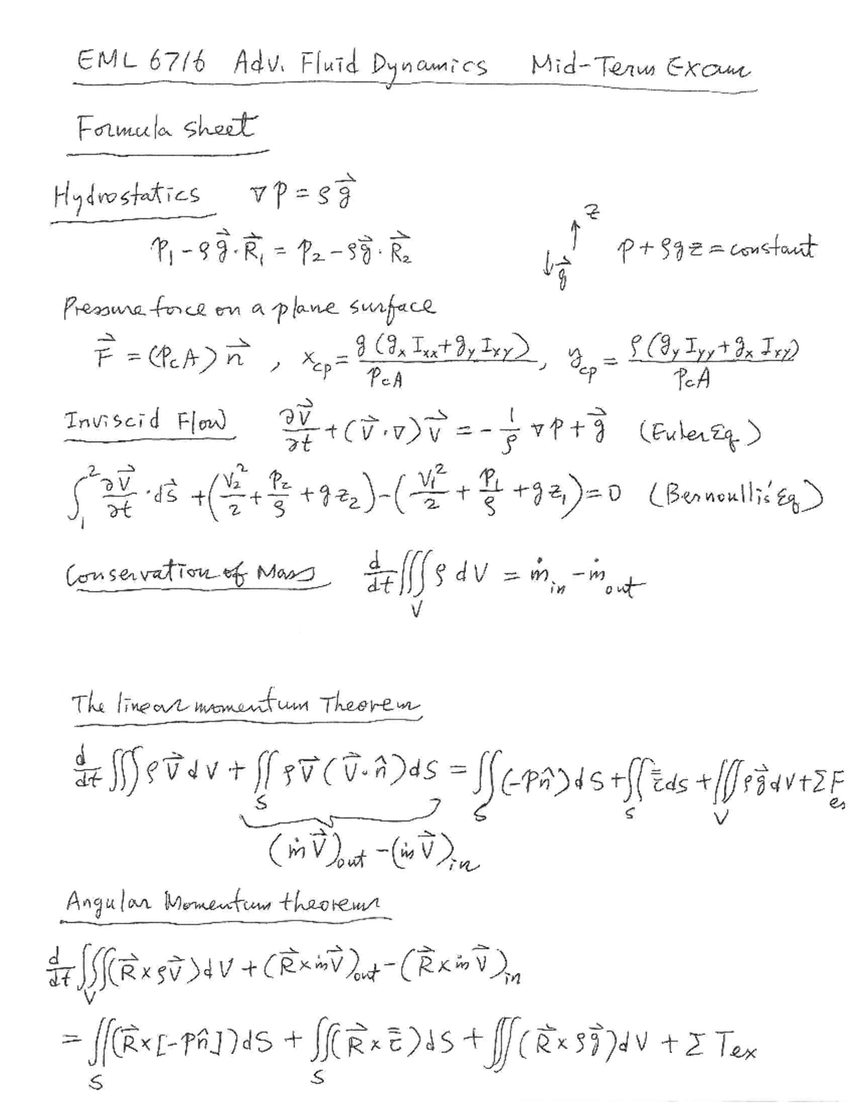 EML6716 Adv Fluid Dyn Mid Term Formula Sheet -1038496331 - EML 6716 Adv ...
