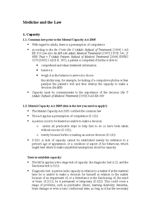 2.1 - Tutorial - Medicine and the Law Capacity The Mental Capacity Act ...