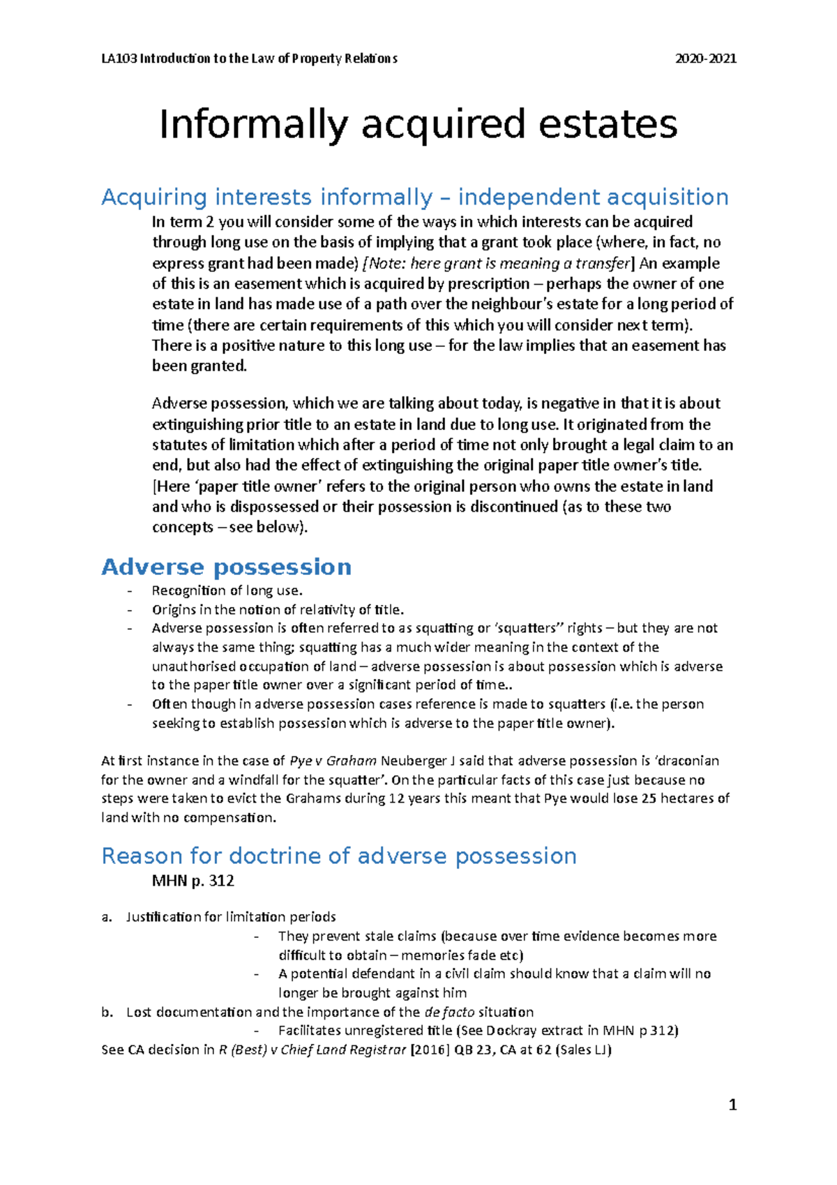 Adverse possession notes Part I 2020-2021 - Informally acquired estates ...