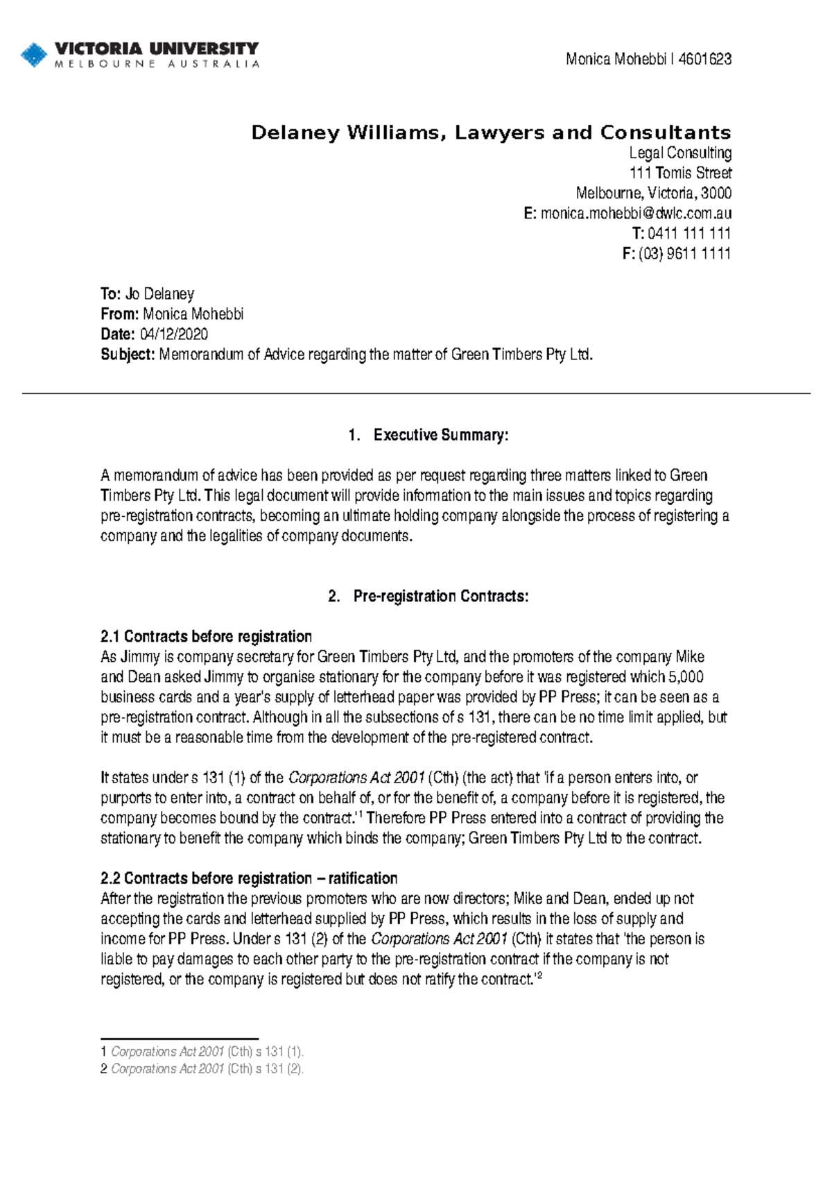 Corporations law assessment 2 - Delaney Williams, Lawyers and ...