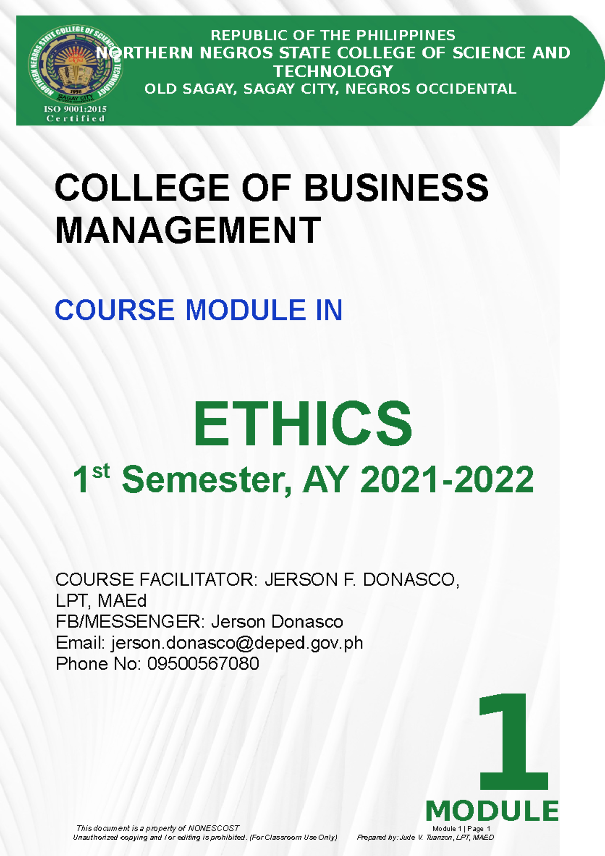 Ethics Module 1 Lesson 1 - This document is a property of NONESCOST Module 1 | Page 1 REPUBLIC ...