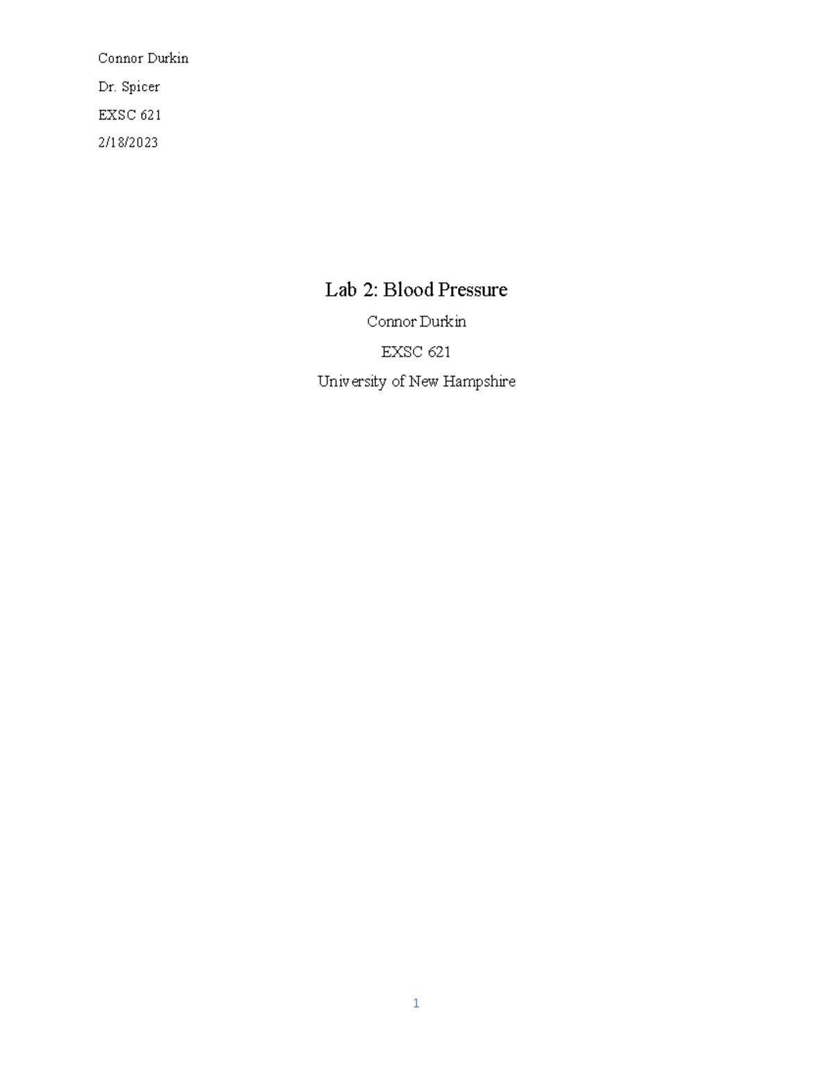 Lab 2 Blood Pressure Draft - Dr. Spicer EXSC 621 2/18/ Lab 2: Blood ...