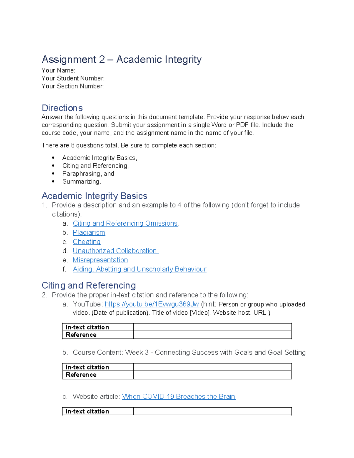 Assignment 2 Academic Integrity Template - Assignment 2 – Academic ...