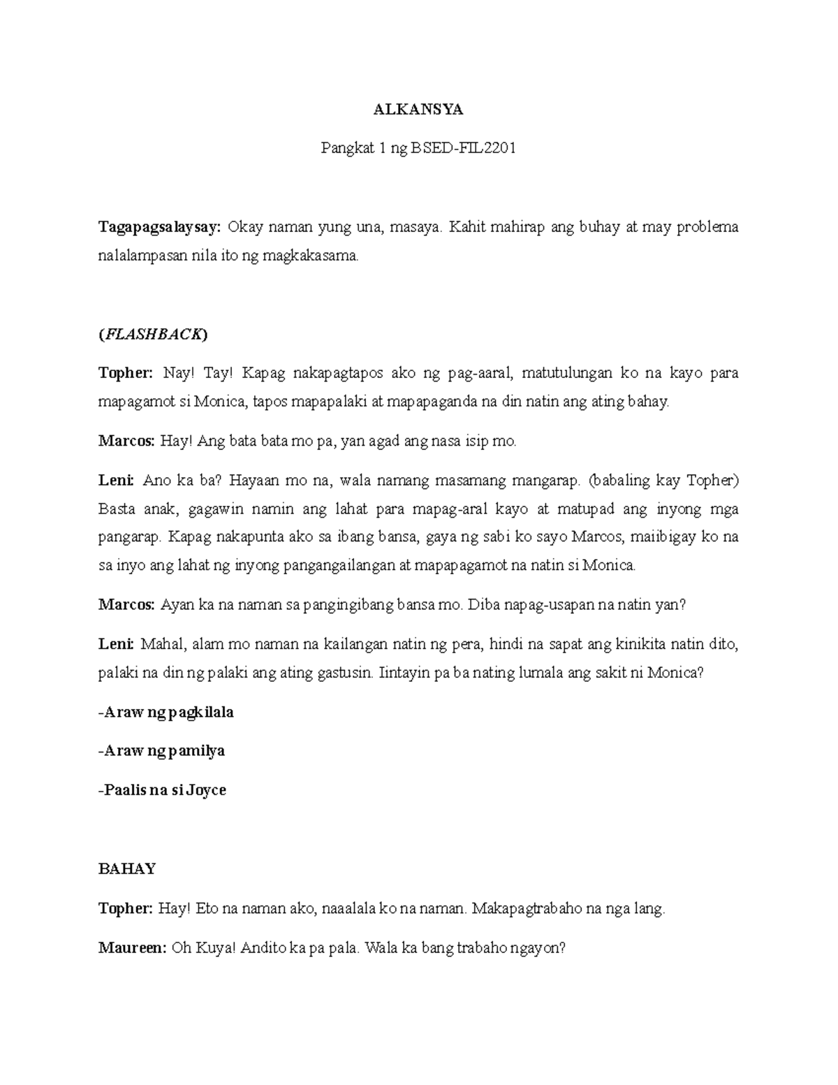 Script - Iskrip sa dulaang filipino - ALKANSYA Pangkat 1 ng BSED-FIL ...