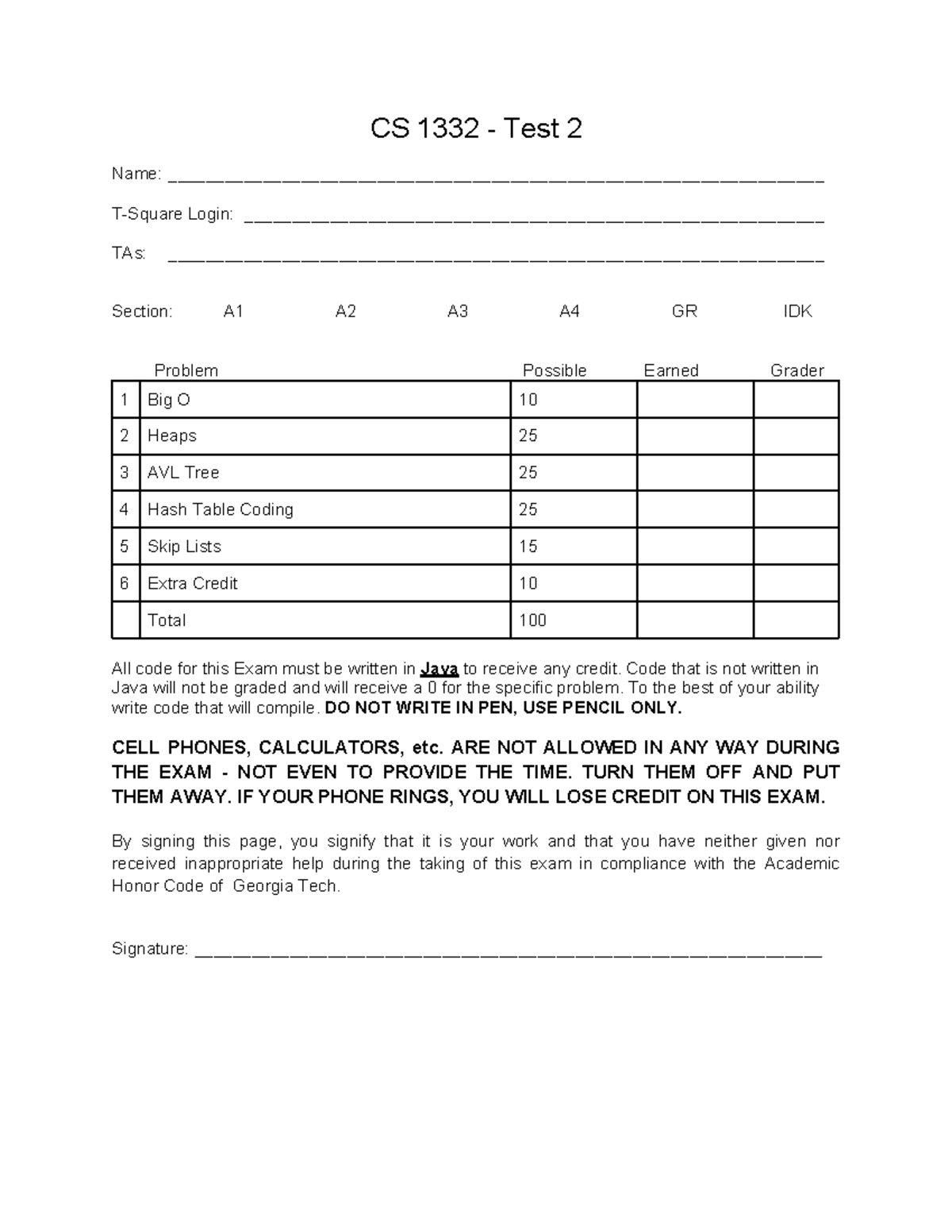 Practice Exam 2 2012 - CS 1332 - Test 2 Name: - Studocu
